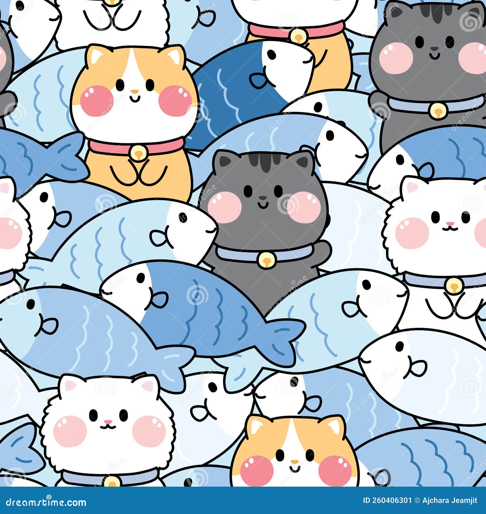 Seamless Pattern of Cute Cat with Fish Background.Pet Animals Stock ...