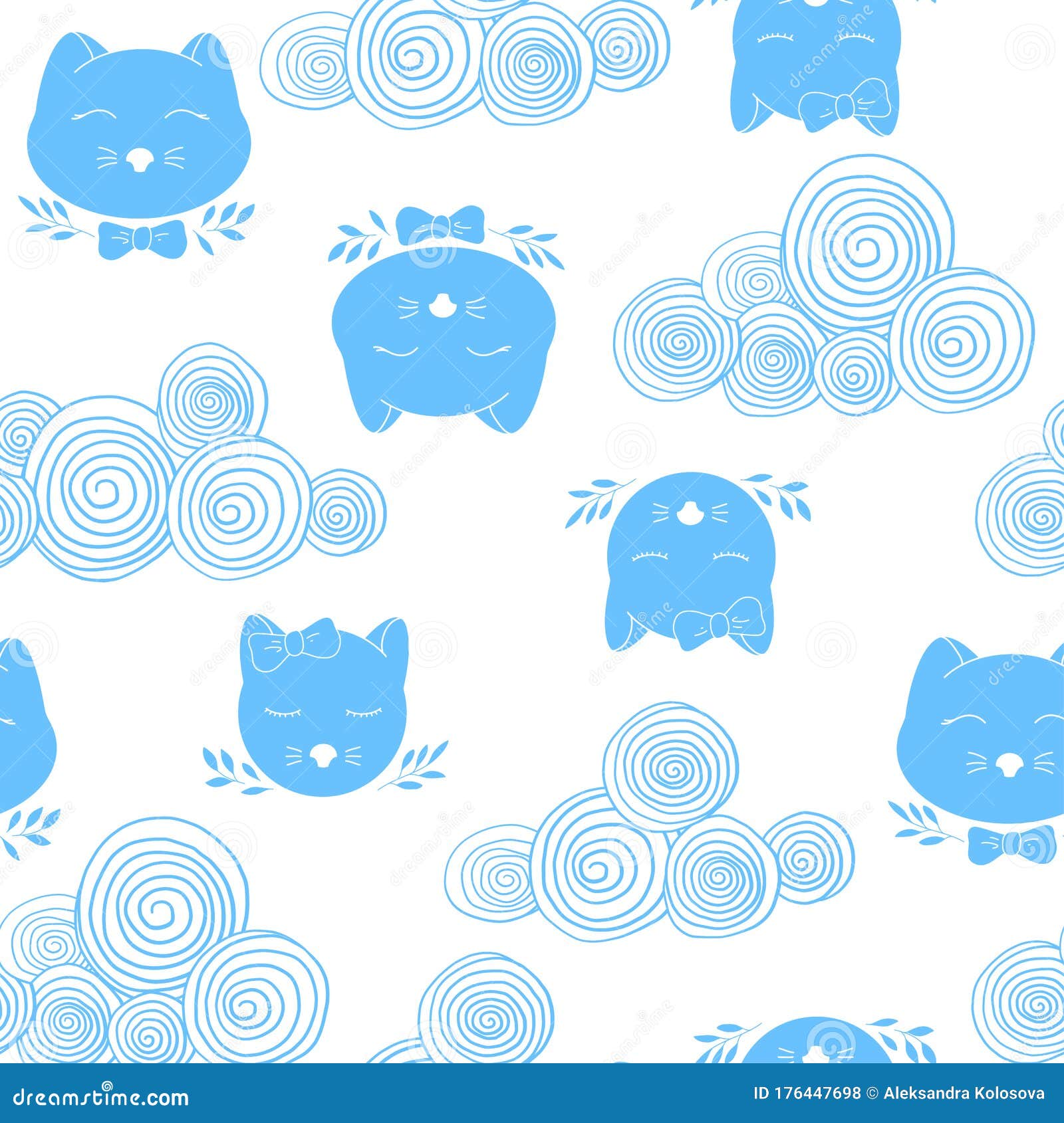 Seamless Pattern with Cute Cat Heads and Drawn Clouds. Blue Heads on a ...