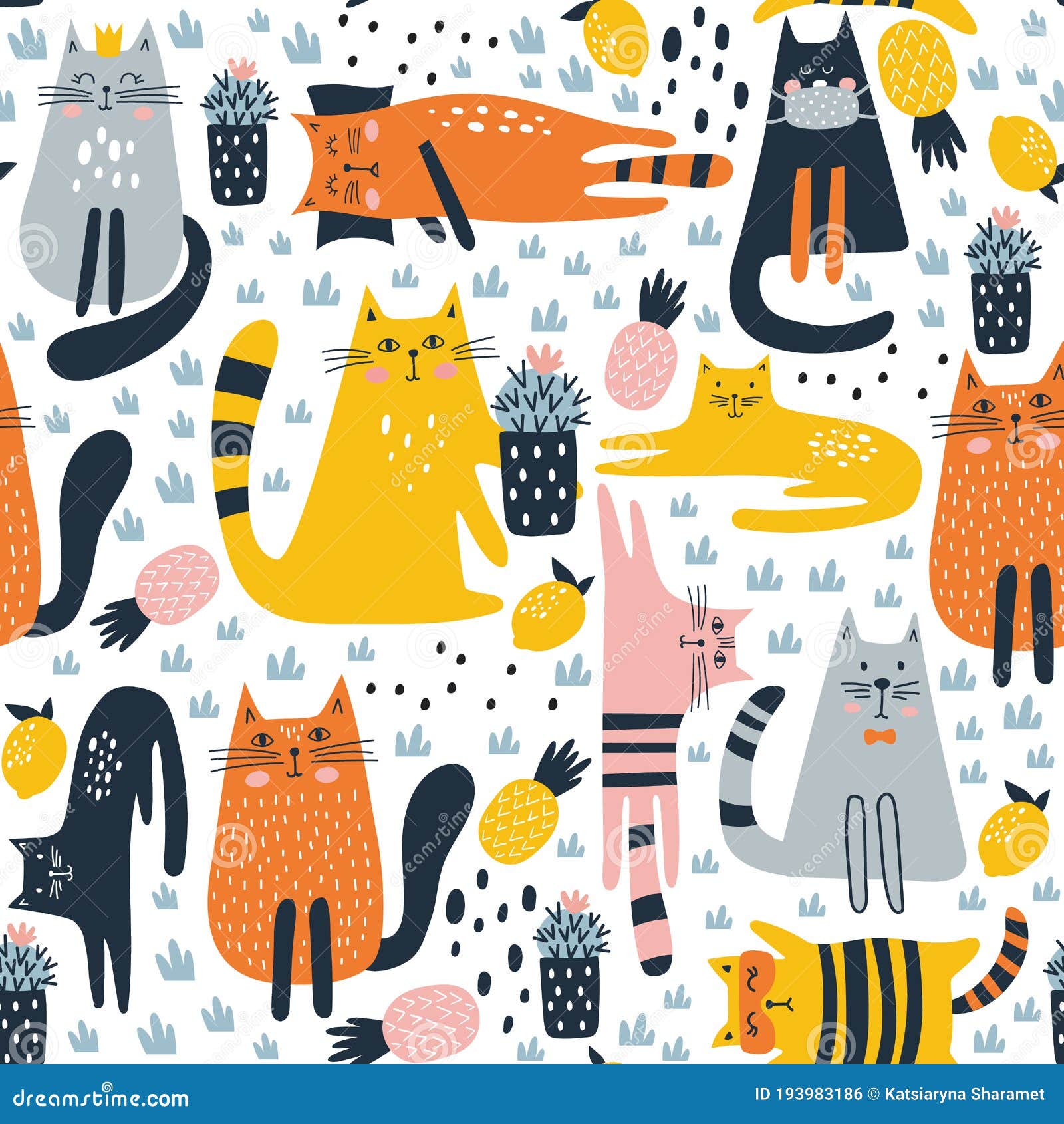 Seamless Pattern with Cute Cat. Kids Print Stock Vector - Illustration ...