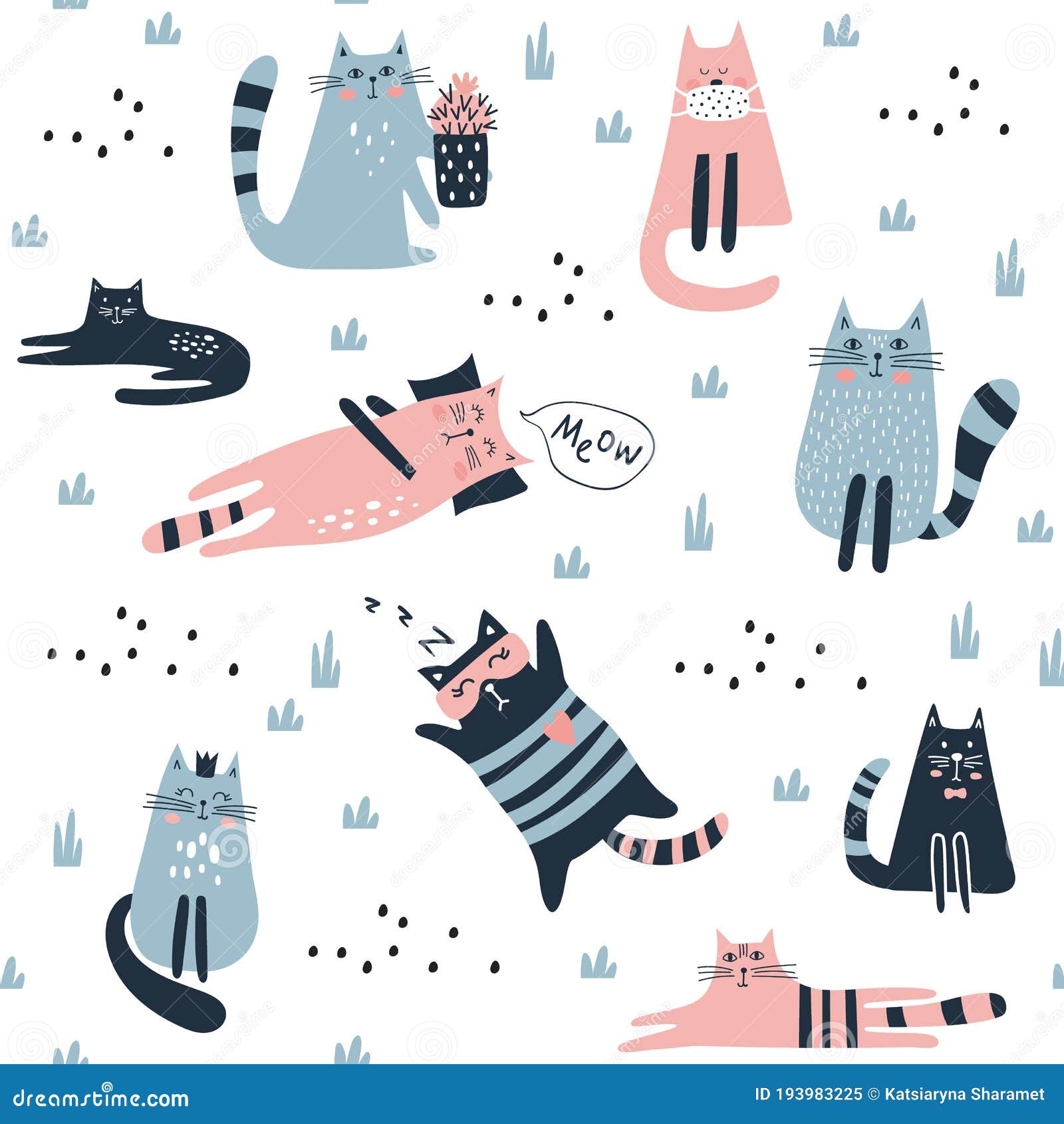 Seamless Pattern with Cute Cat. Kids Print Stock Vector - Illustration ...