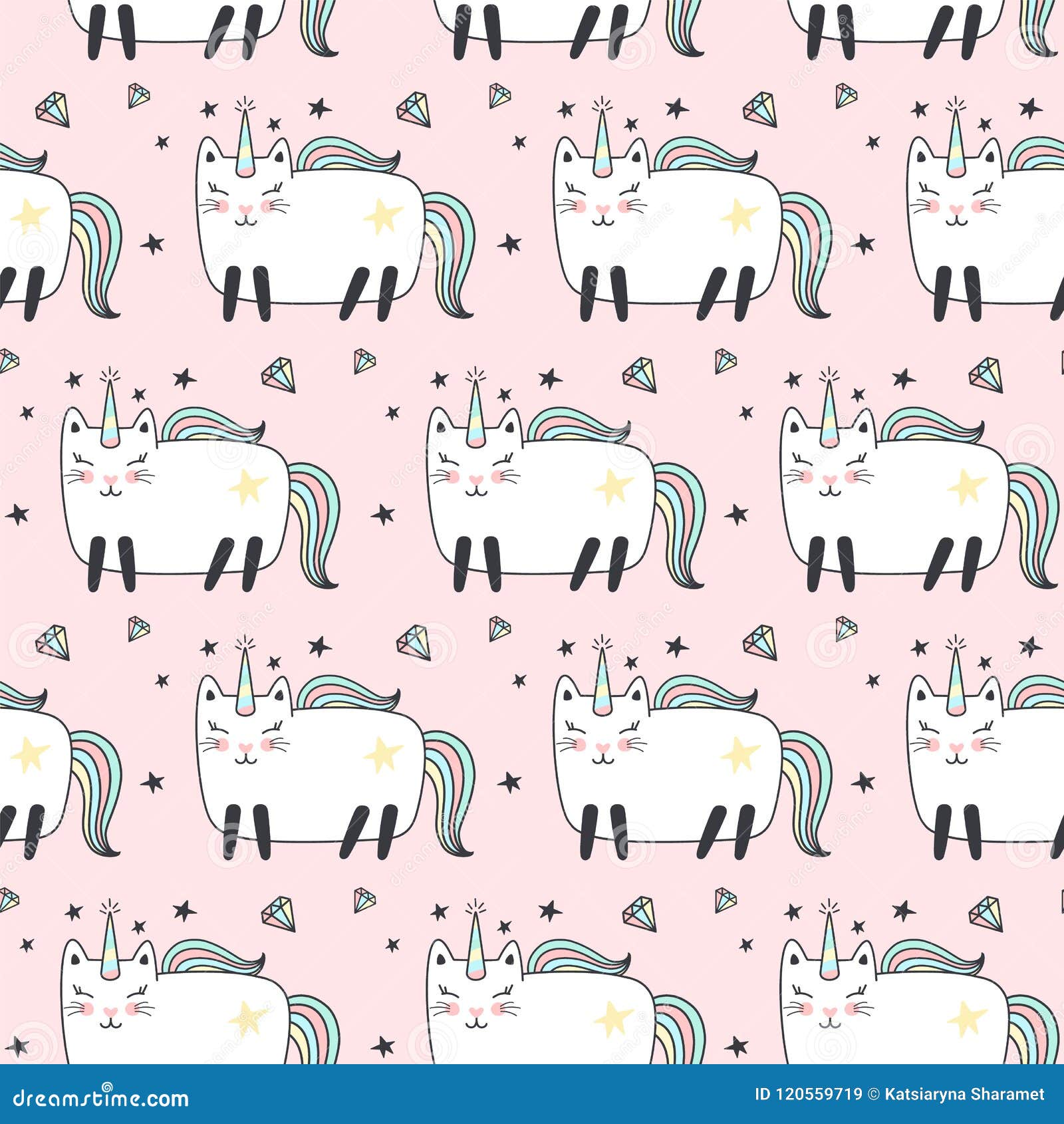 Seamless Pattern with Cute Caticorns. Stock Vector - Illustration of ...