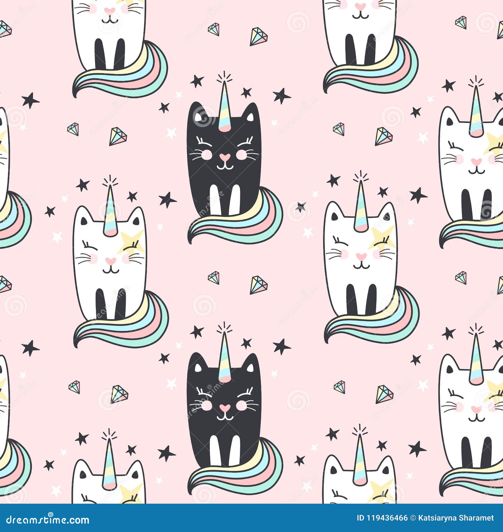 Seamless Pattern with Cute Caticorns. Stock Vector - Illustration of ...