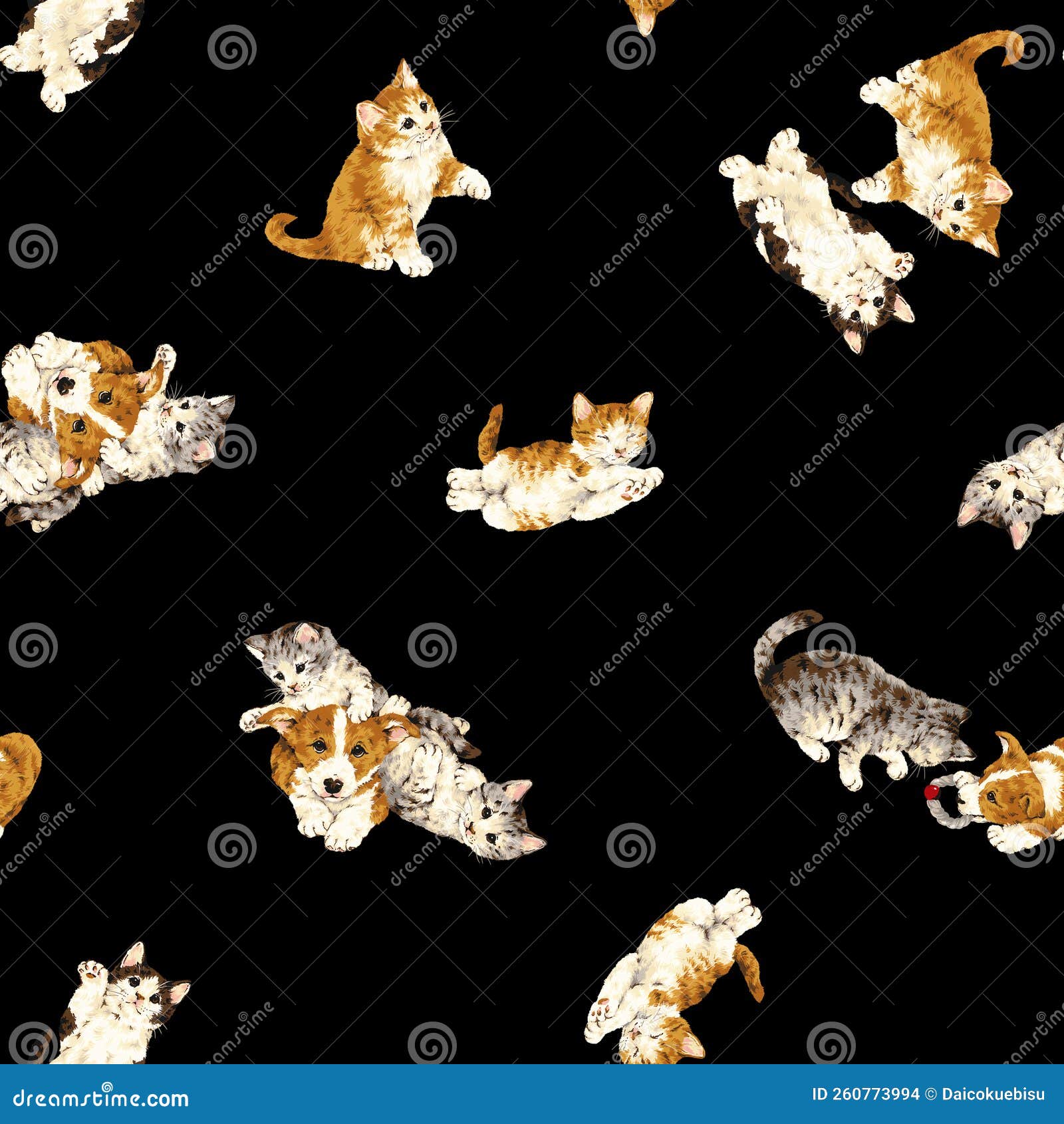 Seamless Pattern of Cute Cats Drawn by Hand, Stock Illustration ...