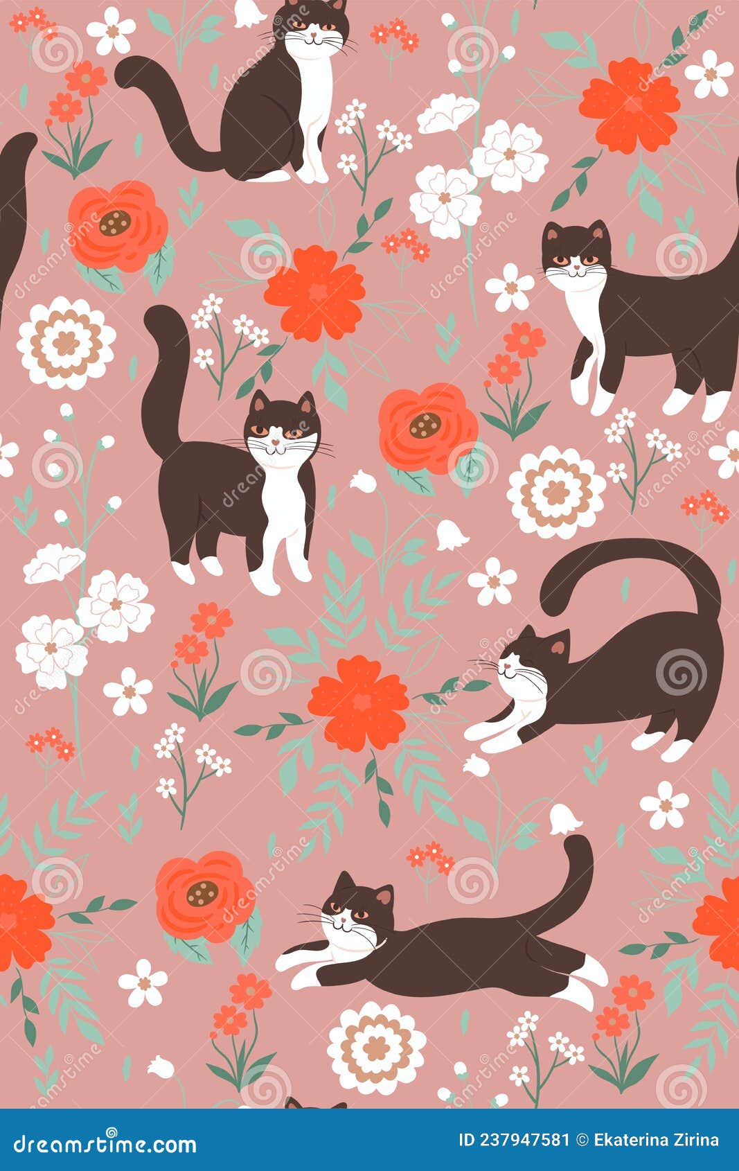 Seamless Pattern with Cute Cats and Flowers. Vector Graphics Stock ...