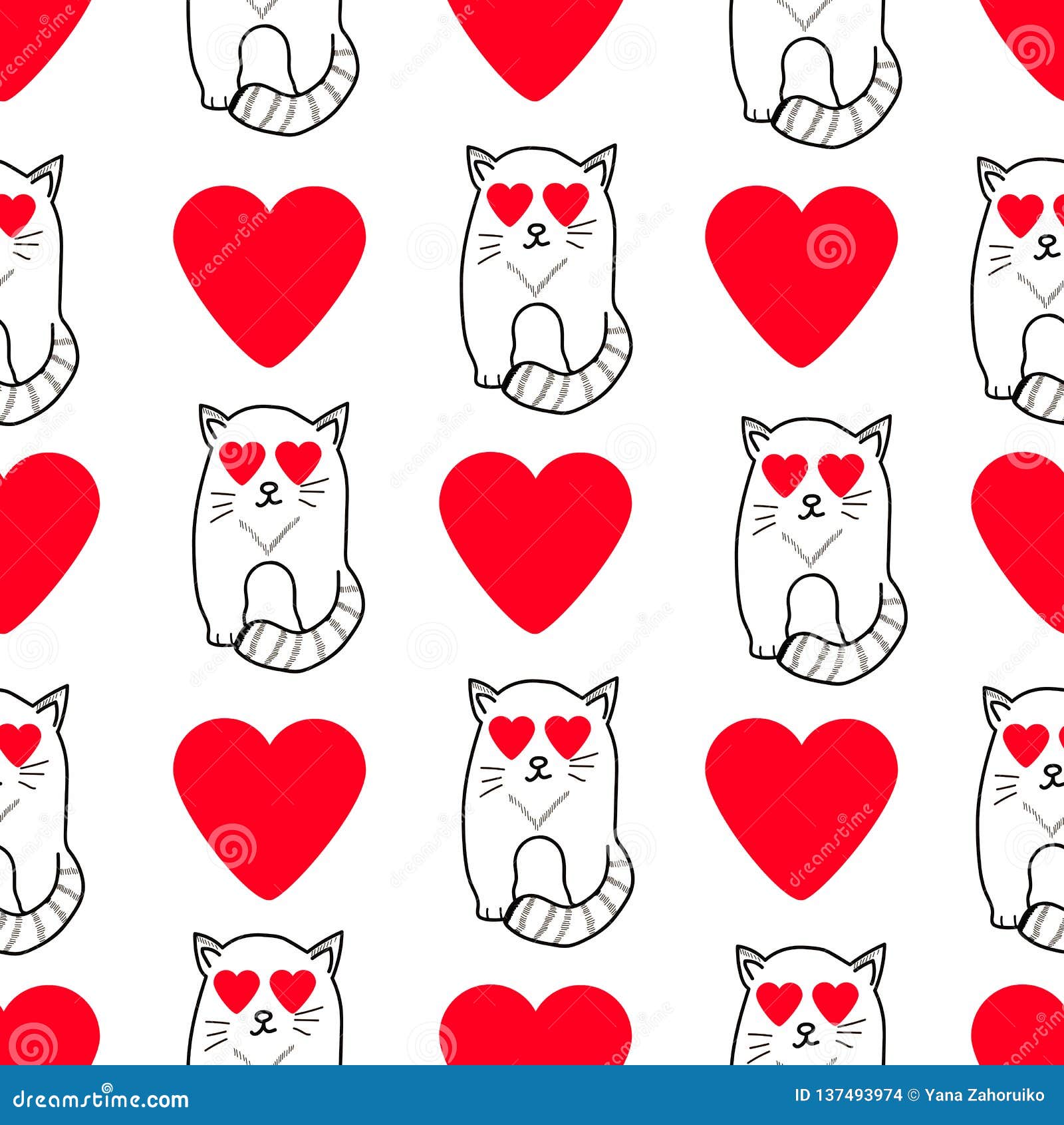 Seamless Pattern with Cute Cats and Hearts Stock Illustration ...