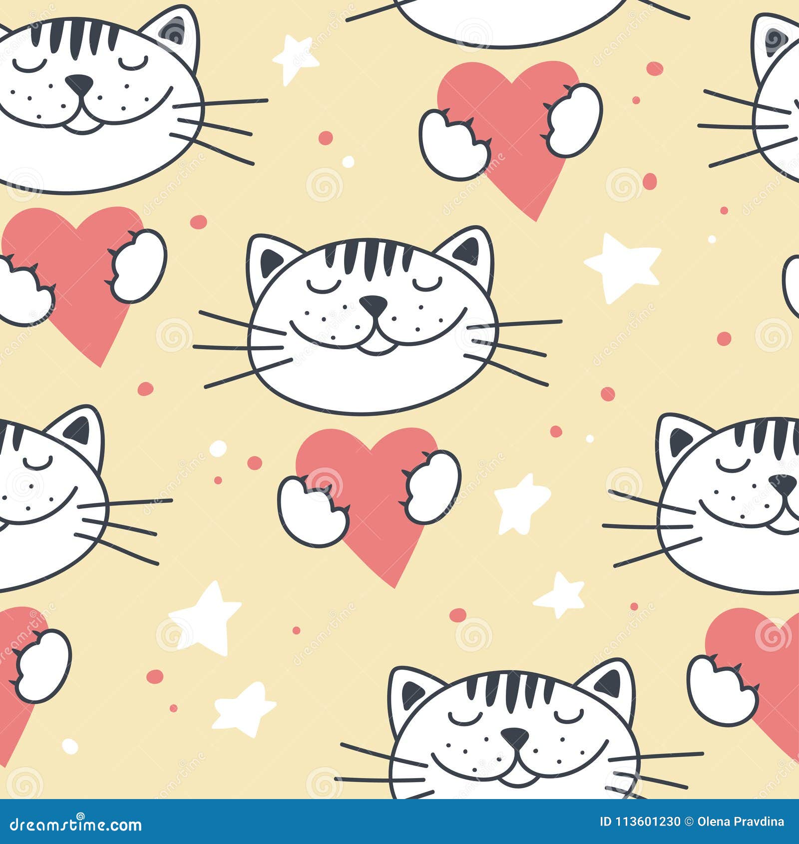 Seamless Pattern with Cute Cats and Hearts. Stock Vector - Illustration ...