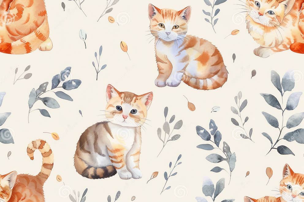 Seamless Pattern, Cute Cats on a Light Background, Repeating Pattern ...