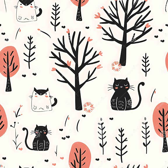 Seamless Pattern with Cute Cats and Tree. Vector Graphics. Stock ...