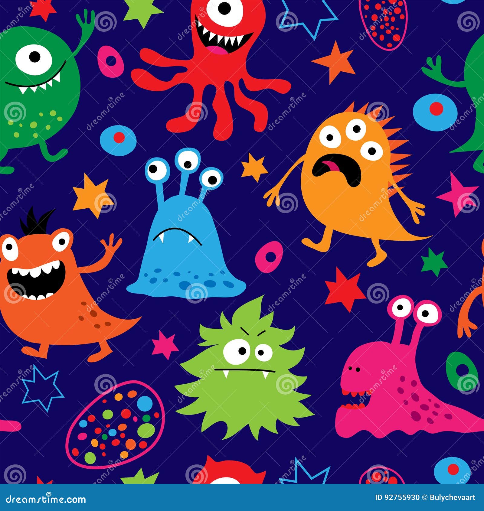 Seamless Pattern with Cute Cheerful Multi-colored Monsters Stock Vector ...