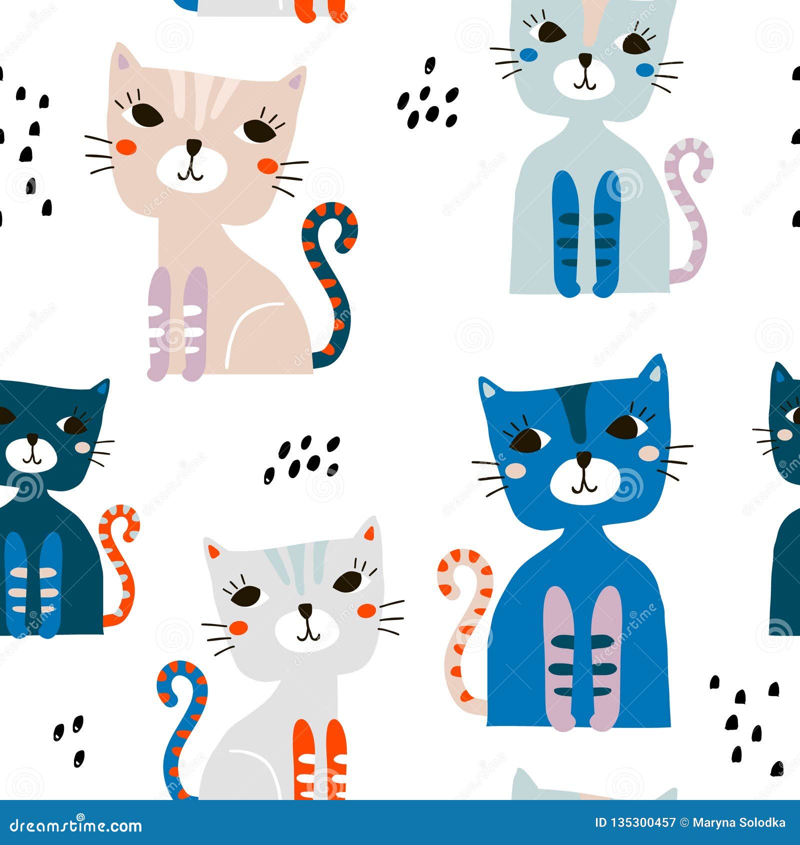 Seamless Pattern with Cute Colorful Cats and Hand Drawn Elements ...