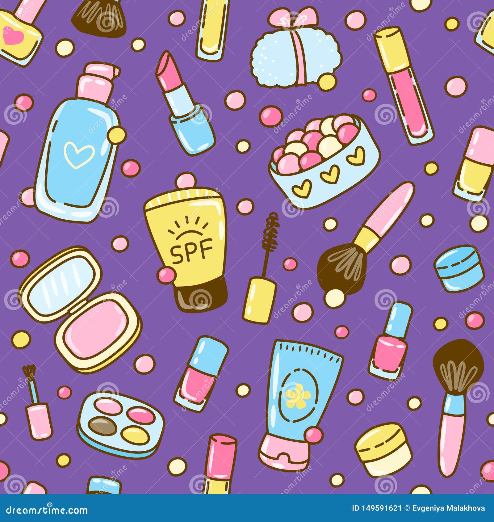 Seamless Pattern with Cute Cosmetics Elements on Purple Stock Vector ...