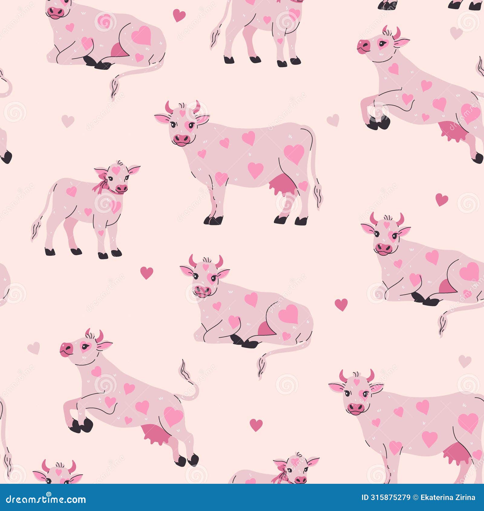 Seamless Pattern of Cute Cows with Pink Heart-shaped Spots. Vector ...