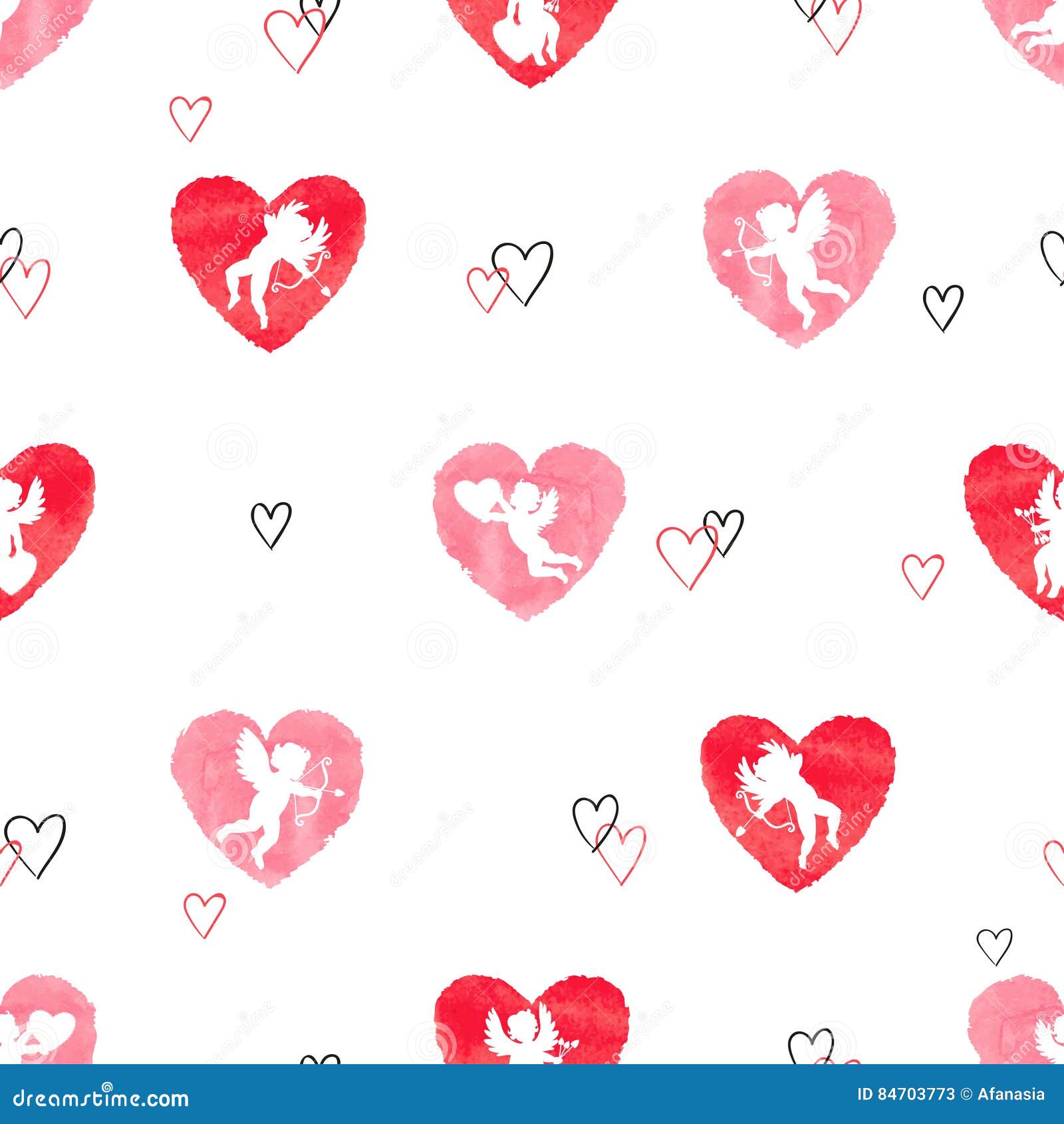 Seamless Pattern with Cute Cupids and Watercolor Hearts. Stock Vector ...