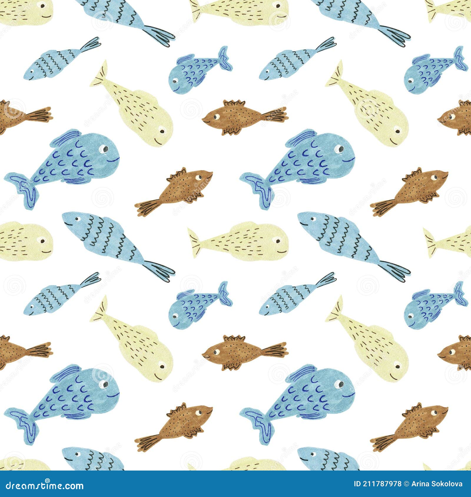 Seamless Pattern with Cute Different Types of Fish Illustrations. Stock ...