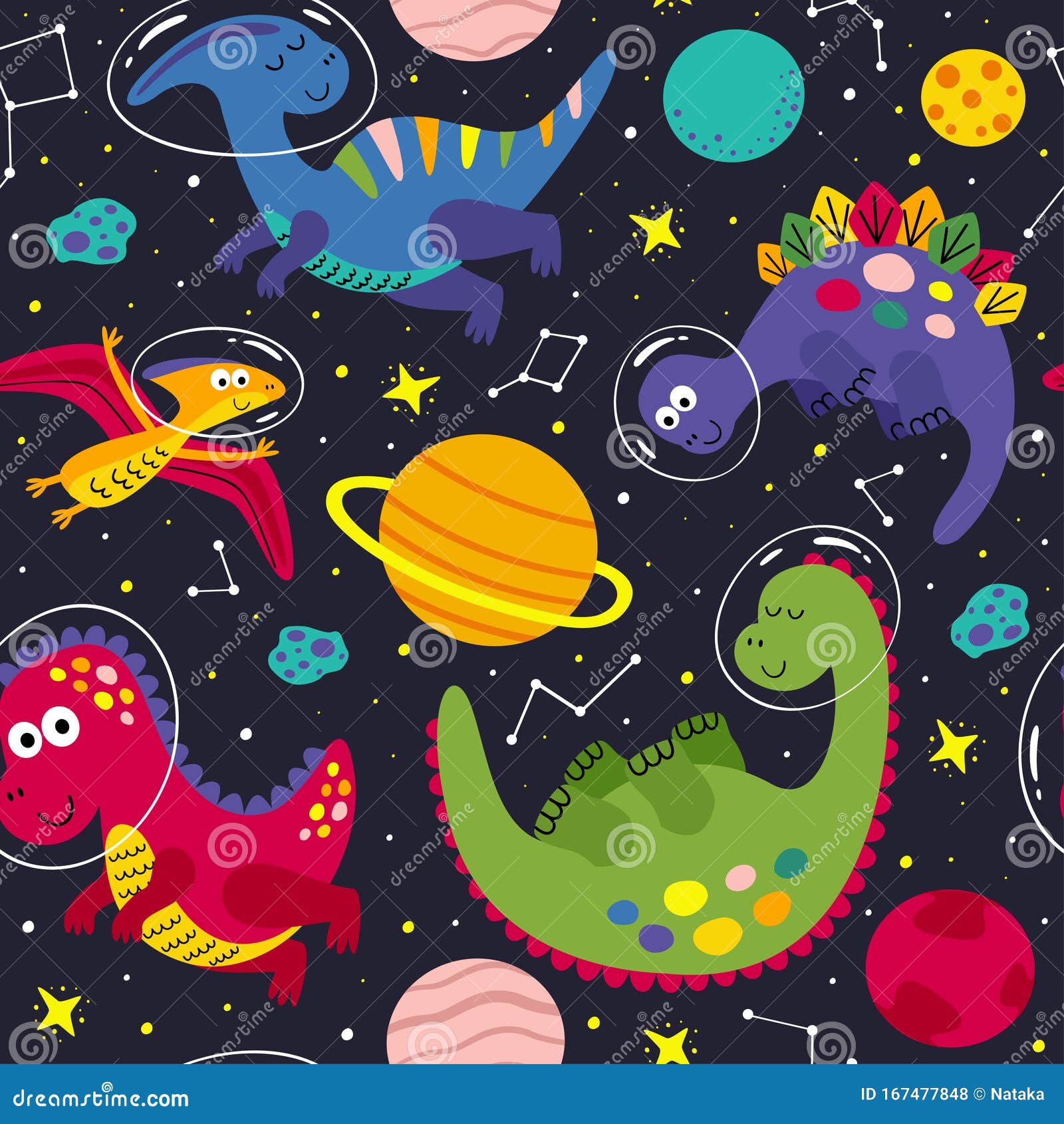 Seamless Pattern with a Cute Dinosaur in Space Stock Vector ...