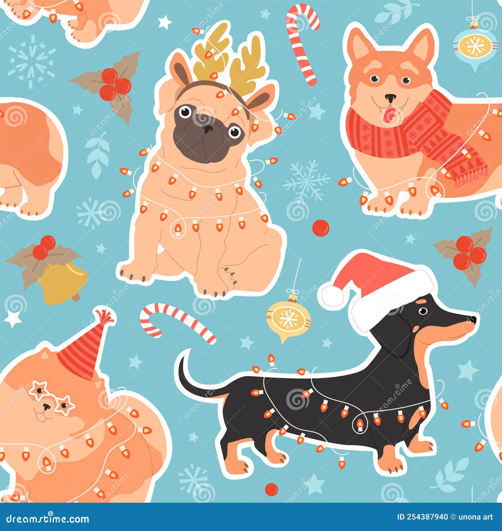Seamless Pattern of Cute Dogs and Christmas Elements. Stock Vector ...