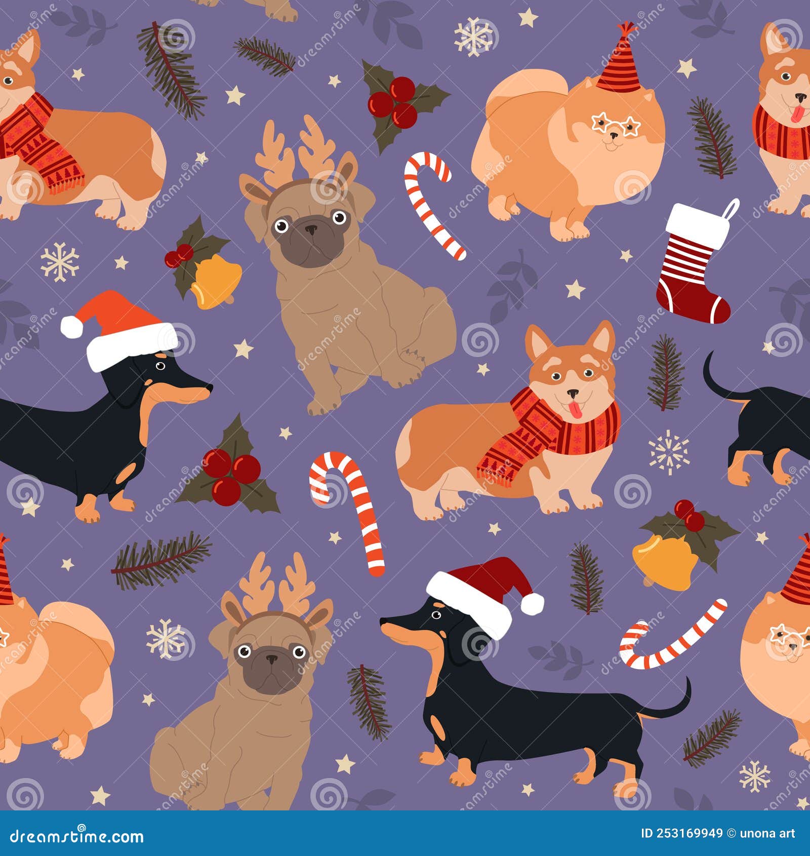 Seamless Pattern of Cute Dogs and Christmas Elements. Stock Vector ...