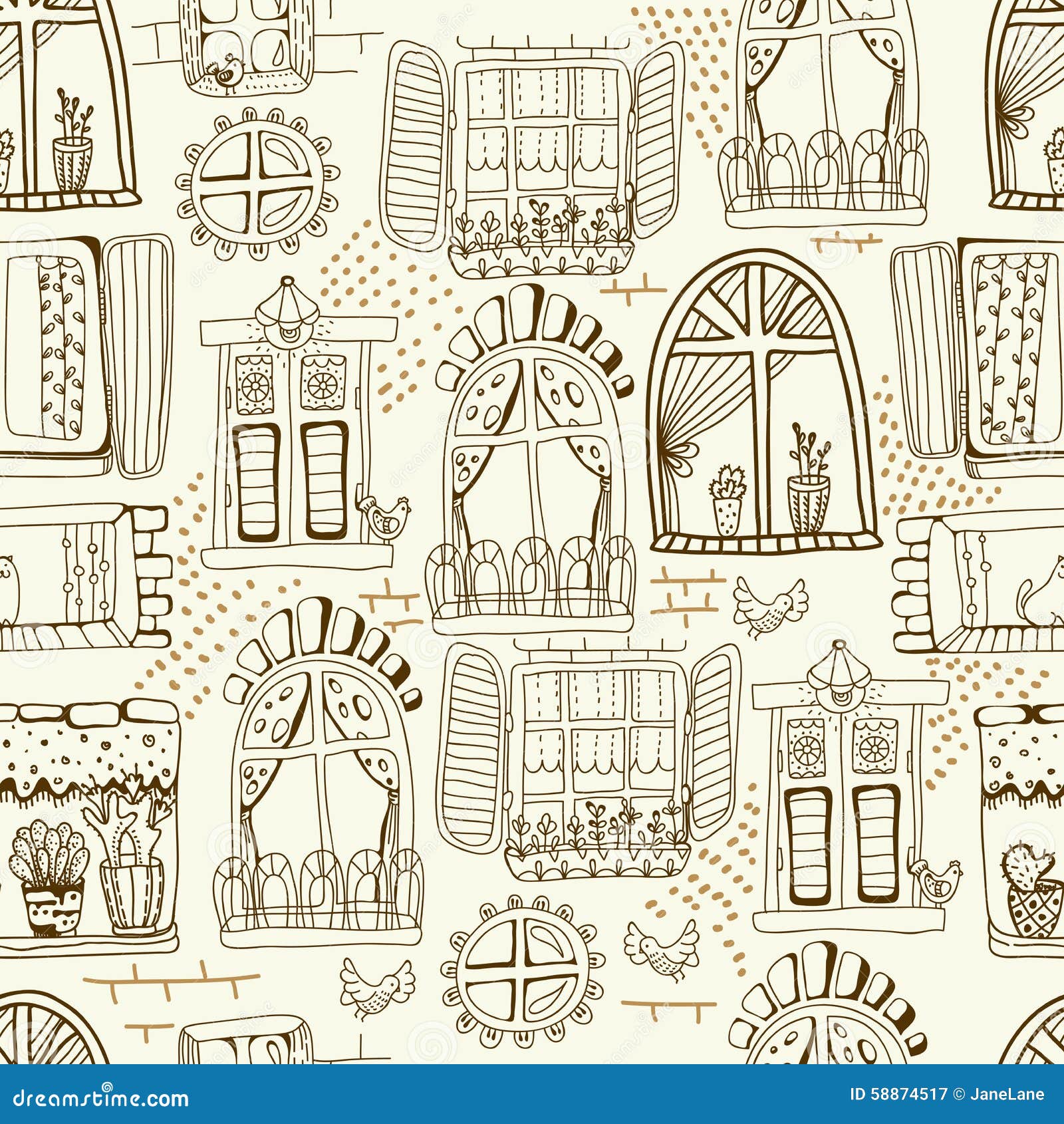 Seamless Pattern with Cute Doodle Cartoon Windows Stock Vector ...