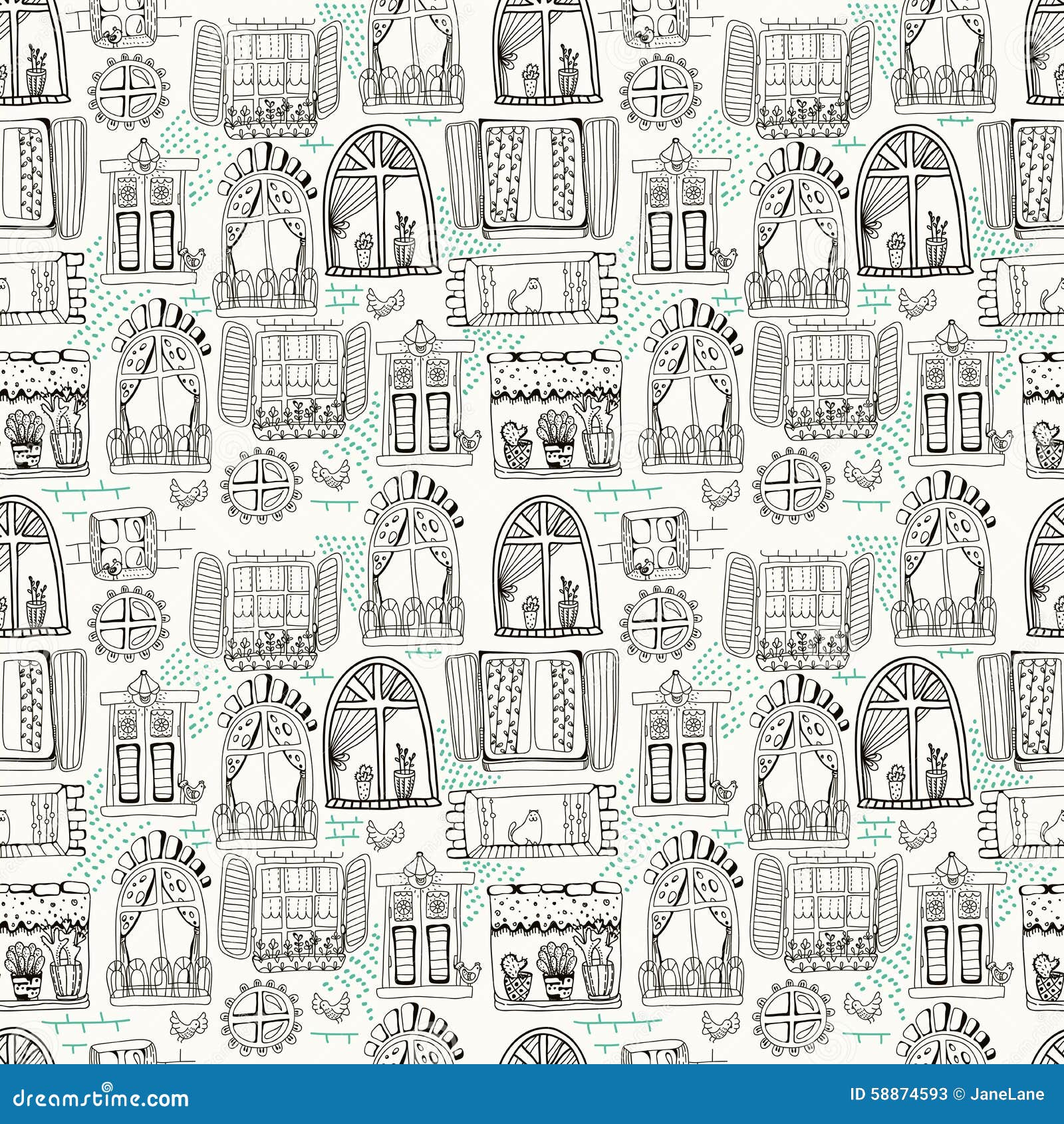 Seamless Pattern with Cute Doodle Cartoon Windows Stock Illustration ...