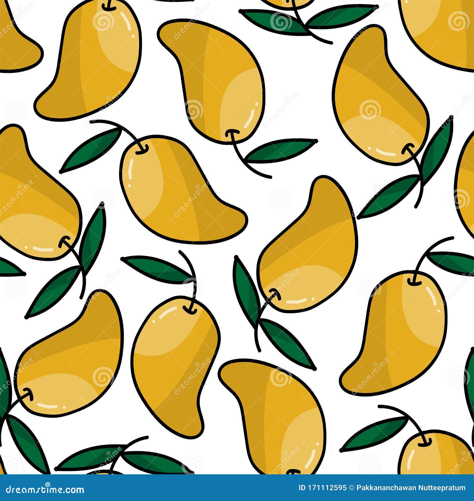 Seamless Pattern of Cute Doodle Mango with Leaves, Sweet Mango on White ...