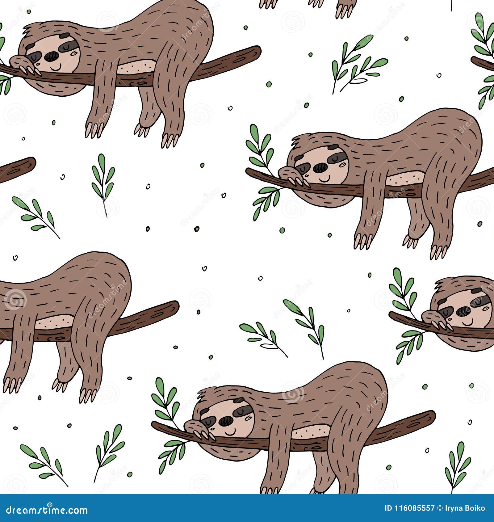 Seamless Pattern With Cute Doodle Sloth Print Stock Vector ...