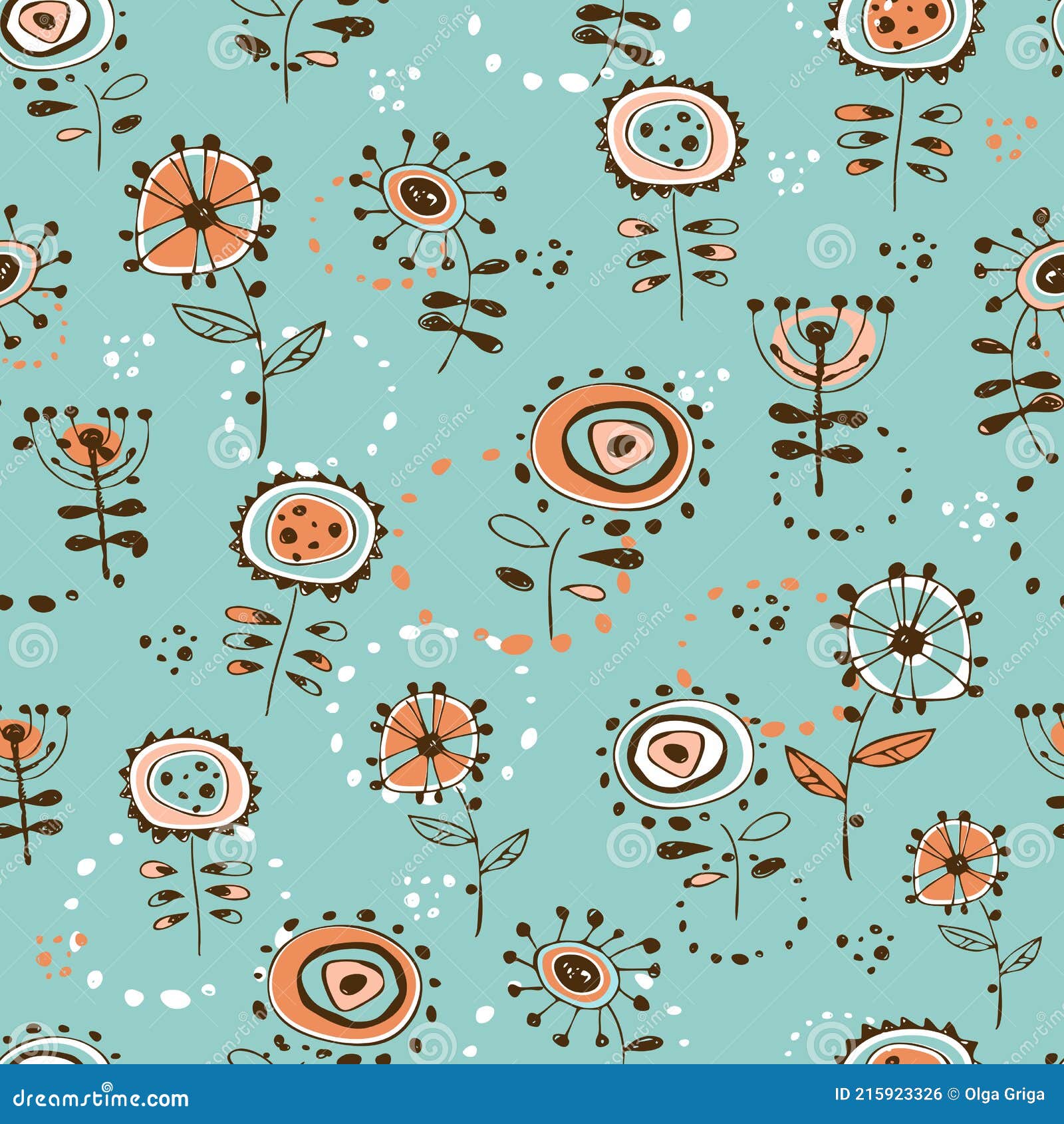 Seamless Pattern with Cute Doodle-style Flowers. Turquoise Background ...