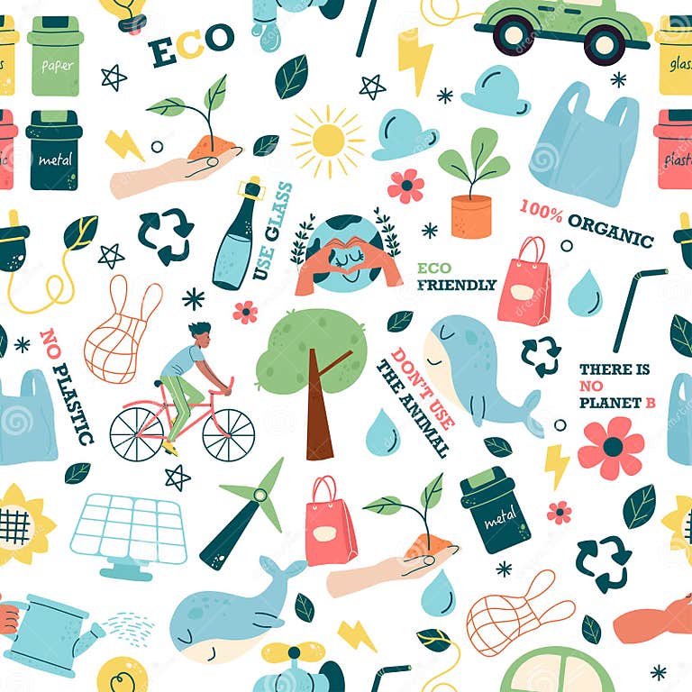 Seamless Pattern Cute Eco Friendly Stock Vector - Illustration of ...