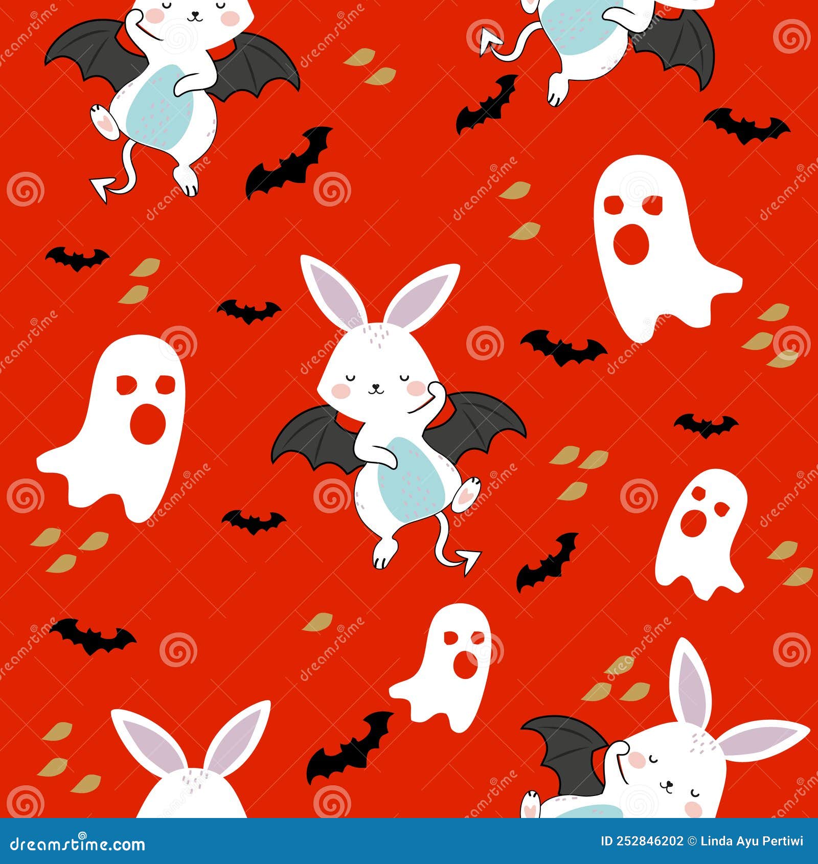 Seamless Pattern with Cute Evil Rabbit and Ghost on Orange Background ...
