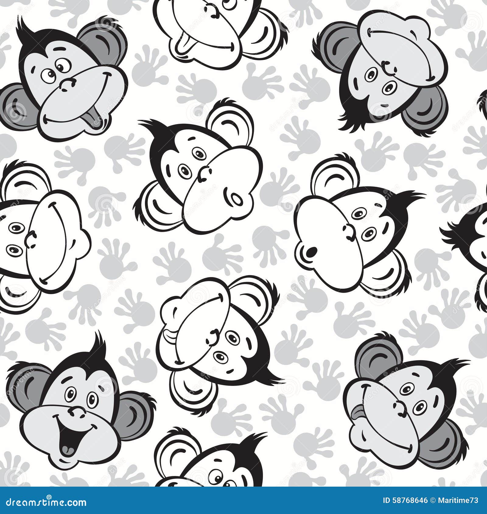 Seamless Pattern with Cute Faces of Monkeys. Kids Monochrome Vec Stock ...