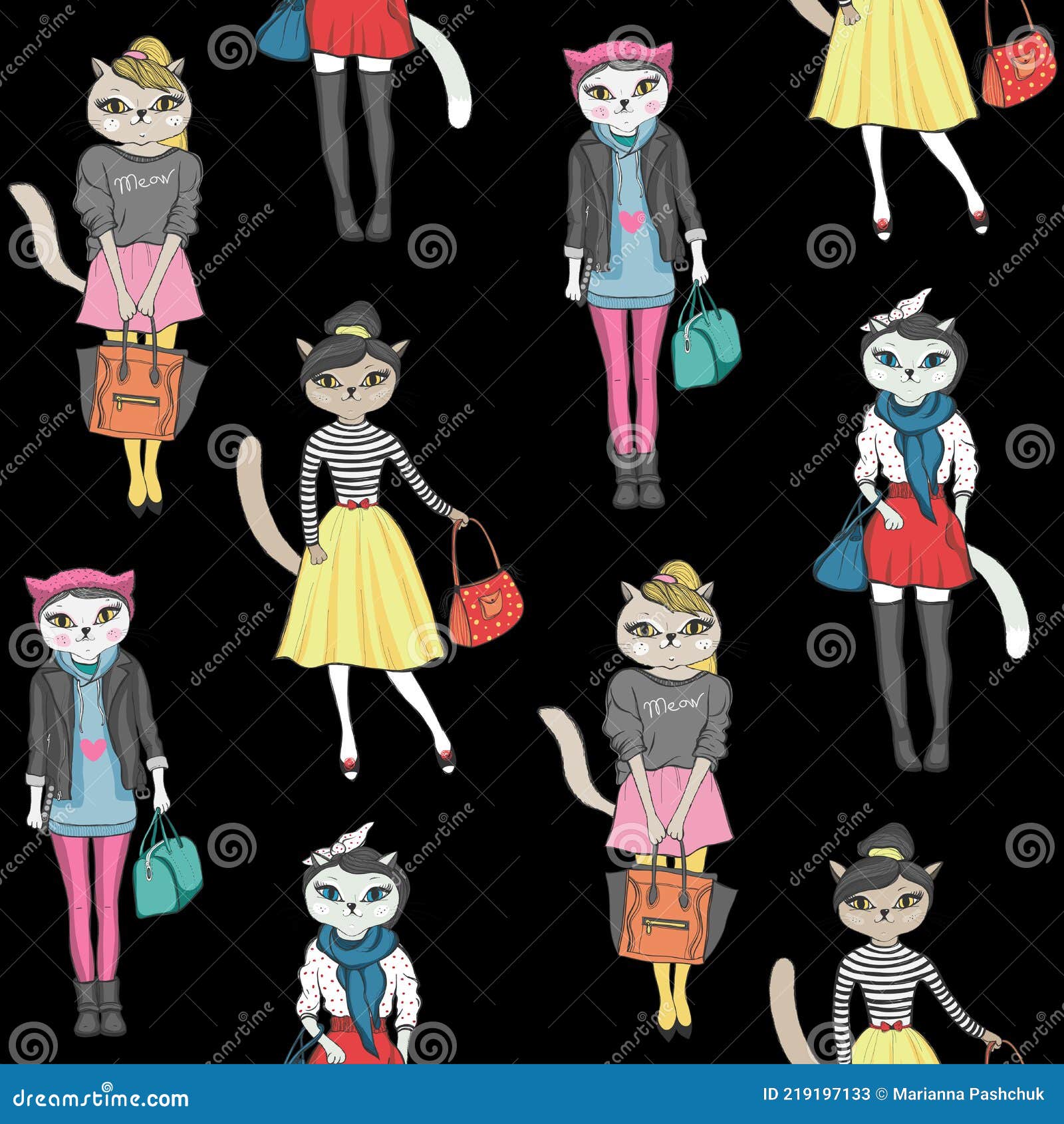 Seamless Pattern of Cute Fashion Cats , Vector Illustrations Stock ...