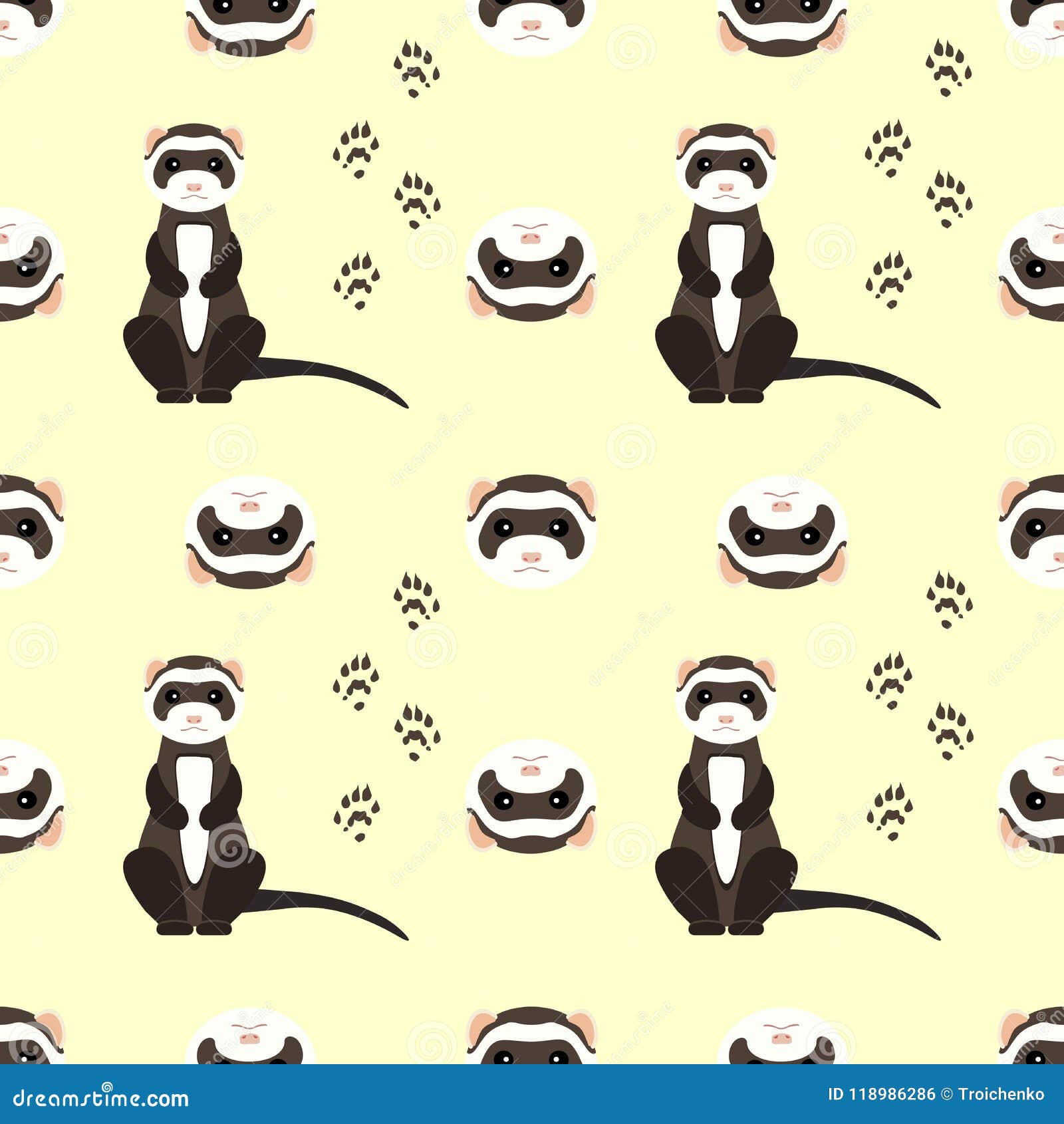 Seamless Pattern with Cute Ferret with Footprints. Vector Flat Design ...