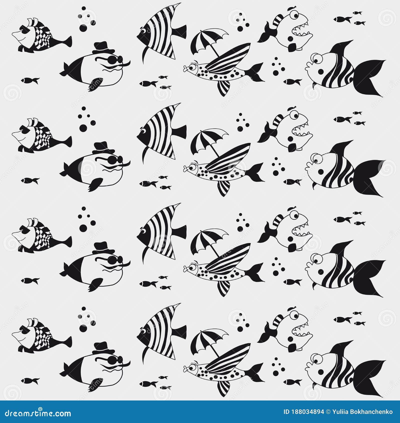 Seamless Pattern with Cute Fish, Black and White. Vector Graphics ...