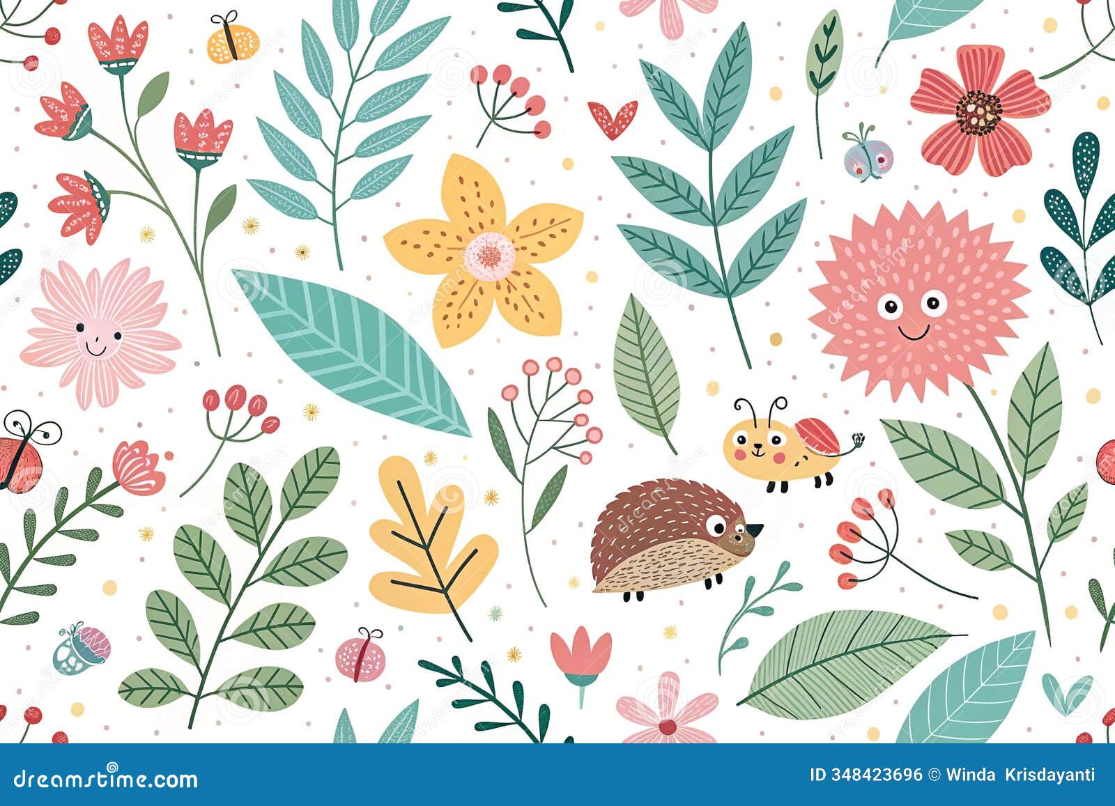 Seamless Pattern with Cute Flowers, Leaves, and Insects on White ...