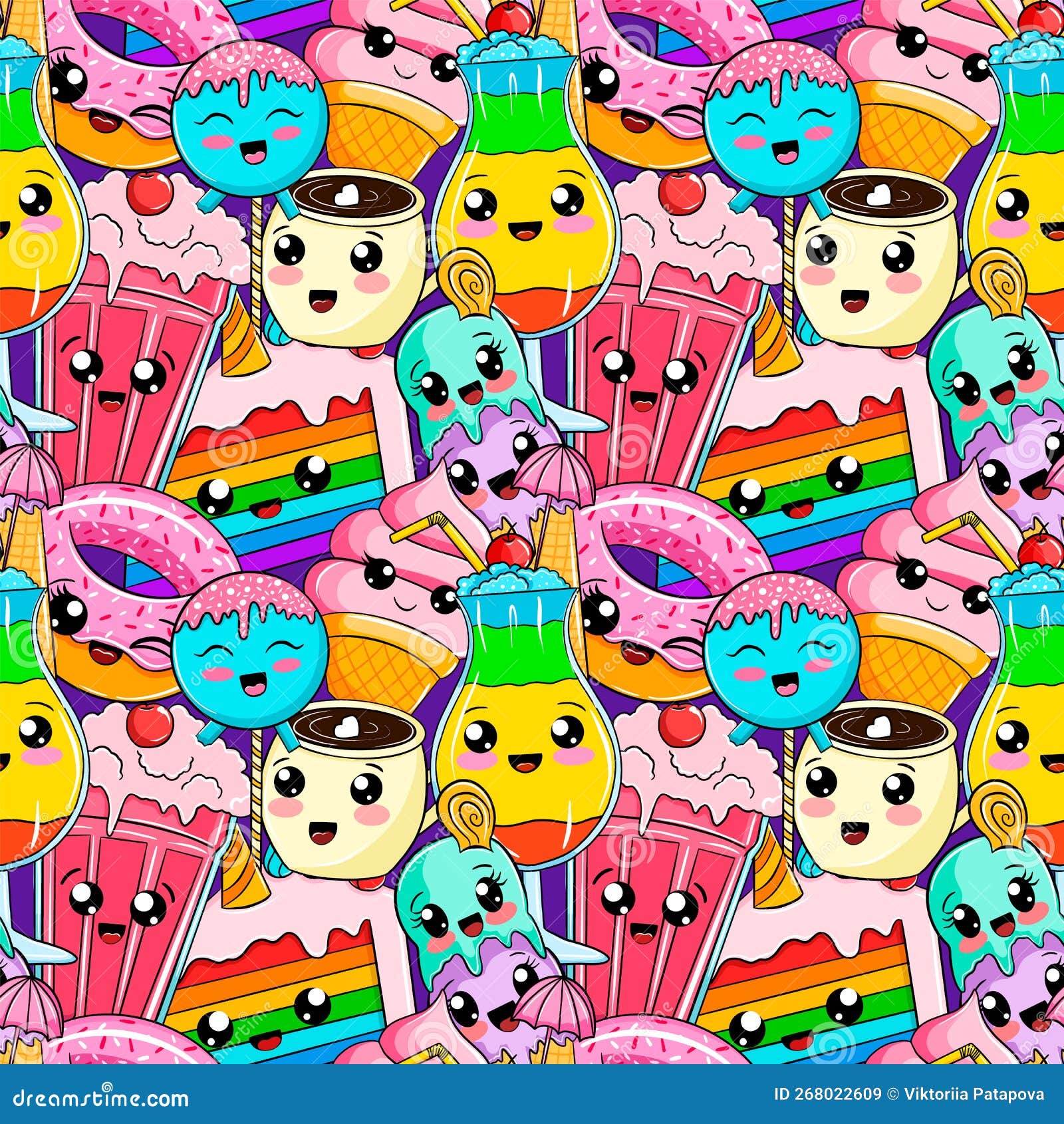 Seamless Pattern Cute Food Characters.colorful Kawaii Sweets Stock ...