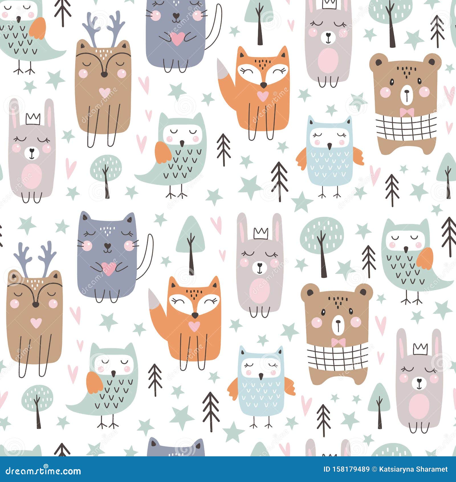 Seamless Pattern with Cute Forest Animals. Hand Drawn Style Stock ...