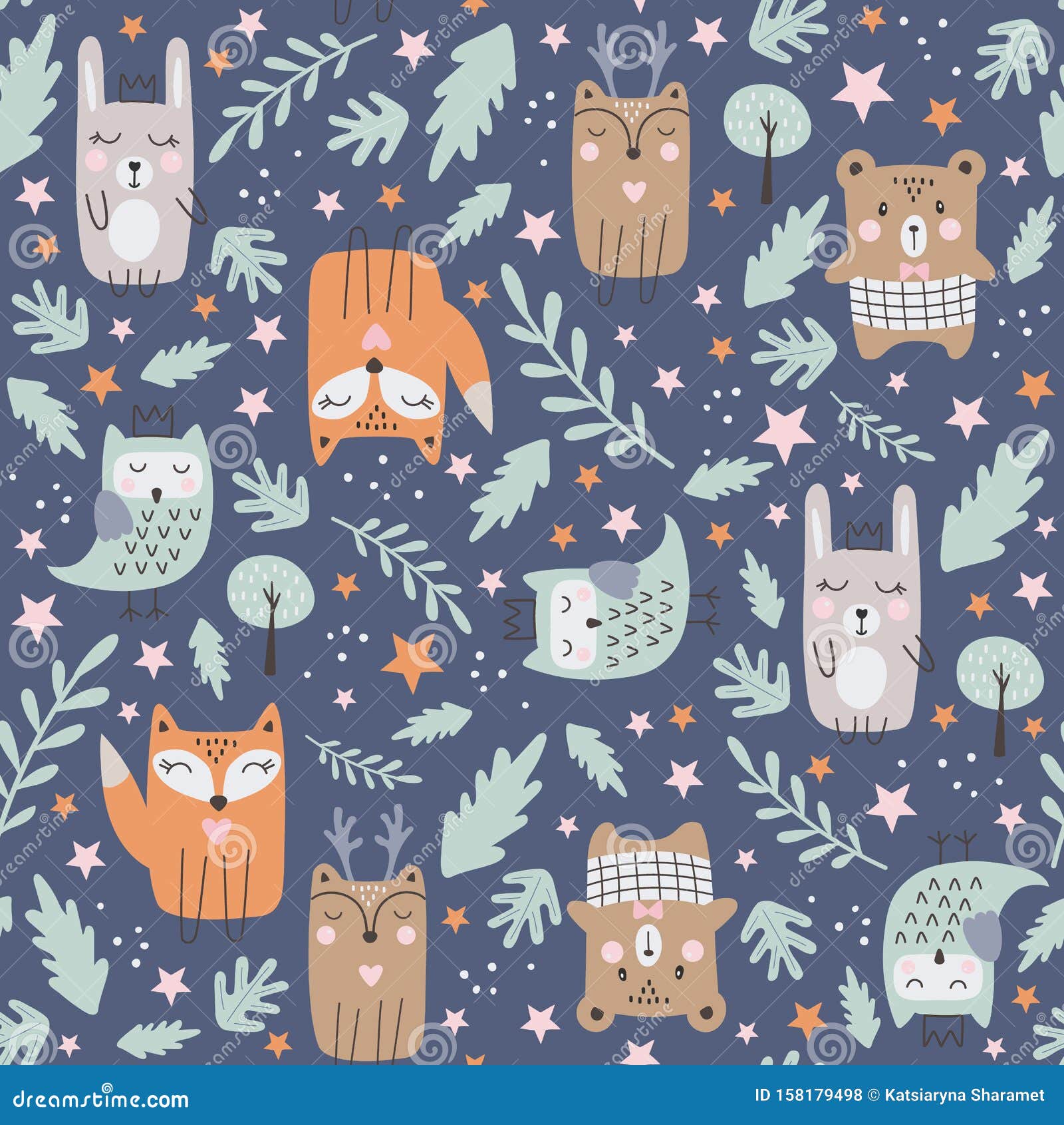 Seamless Pattern with Cute Forest Animals. Hand Drawn Style Stock ...