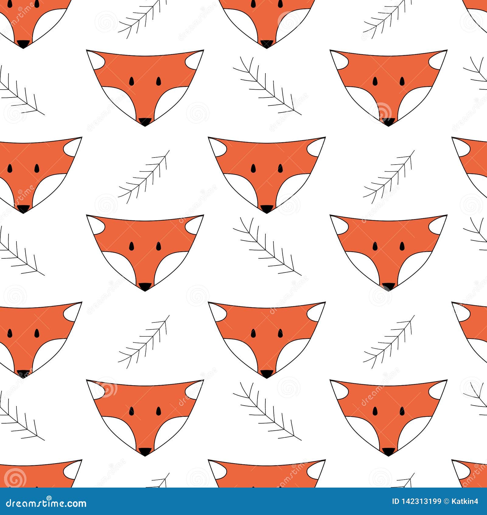 Seamless Pattern with Cute Fox, and Sprigs Stock Vector - Illustration ...
