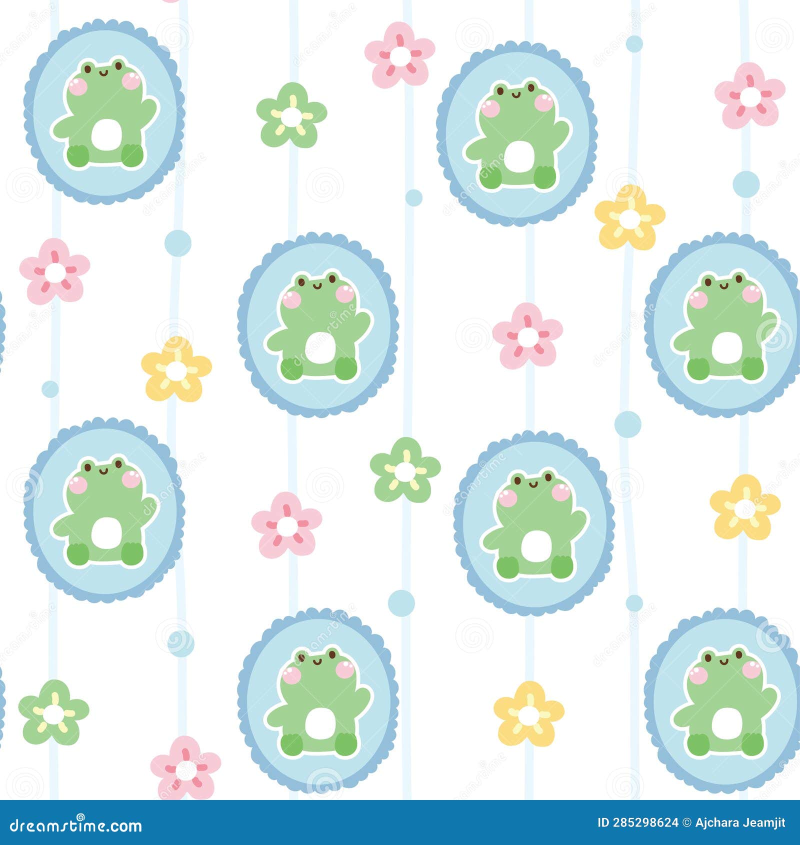 Seamless Pattern of Cute Frog in Frame with Flower on White Background ...