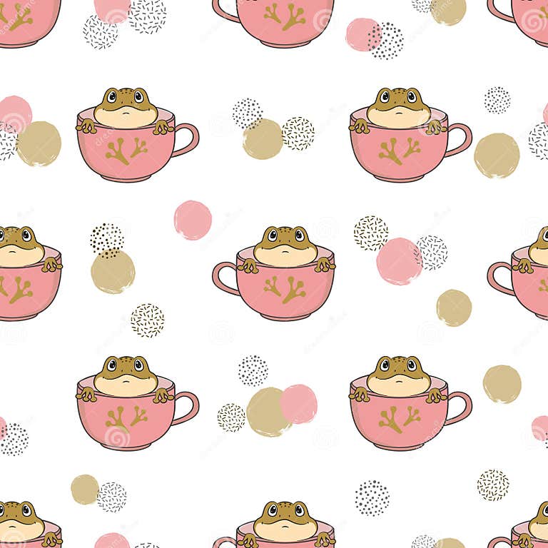 Seamless Pattern with Cute Frogs in Cups. Vector Illustration with ...