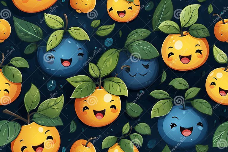 Seamless Pattern of Cute Fruit with Faces and Leaves on Dark Background ...