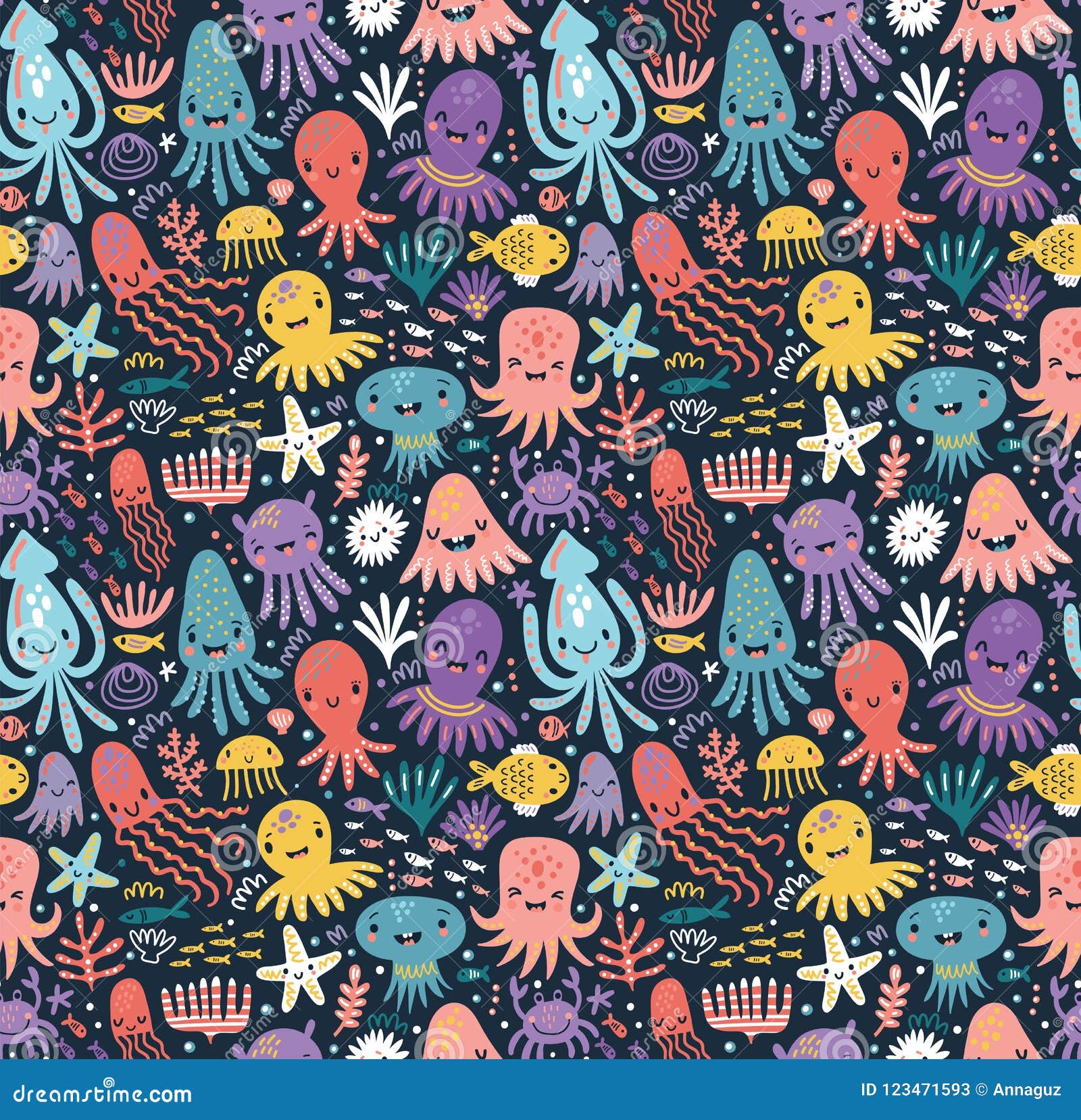 Seamless Pattern with Octopus Stock Vector - Illustration of fish ...