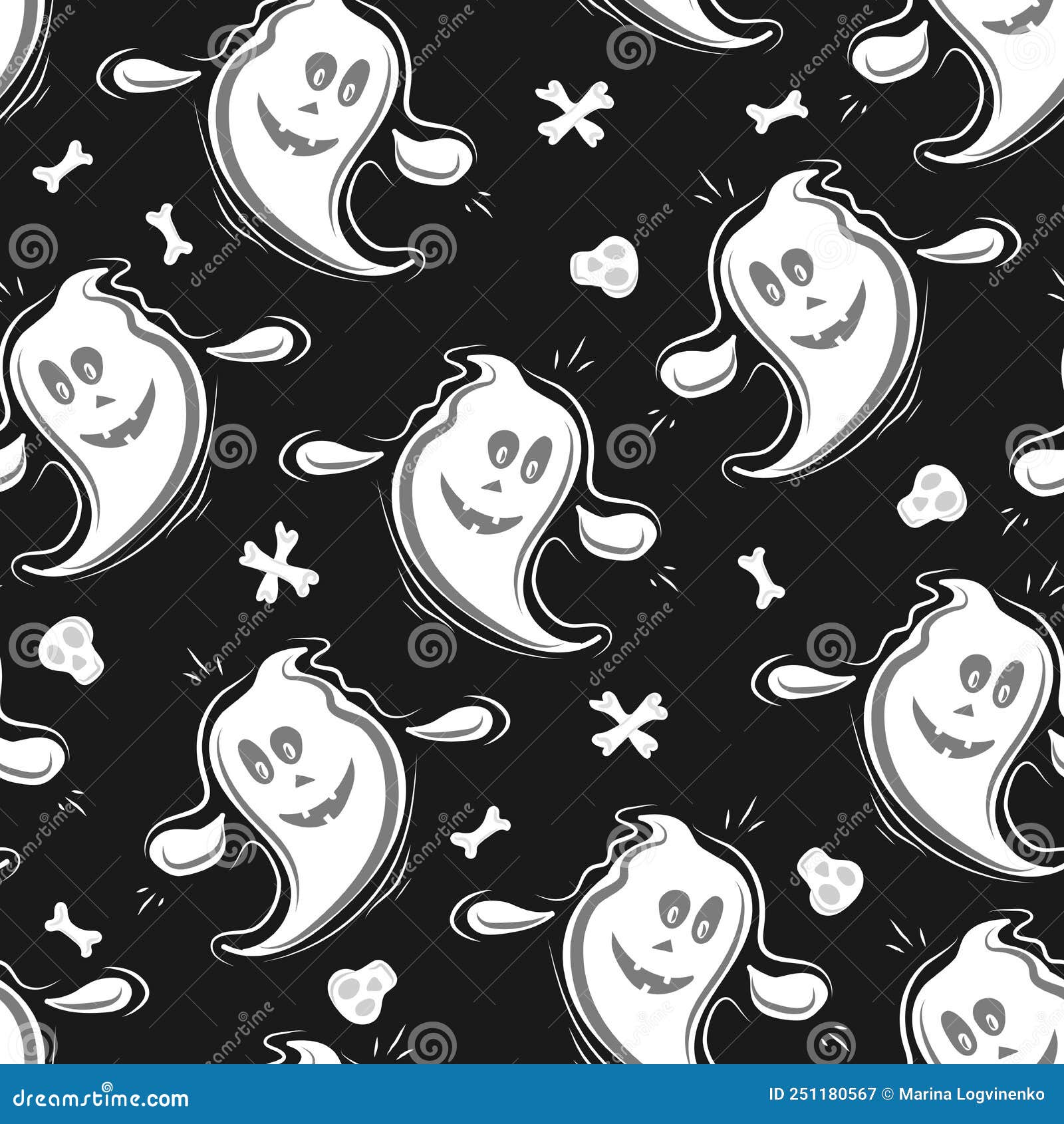 Seamless Pattern of Cute Ghosts, Bones and Skulls Stock Vector ...