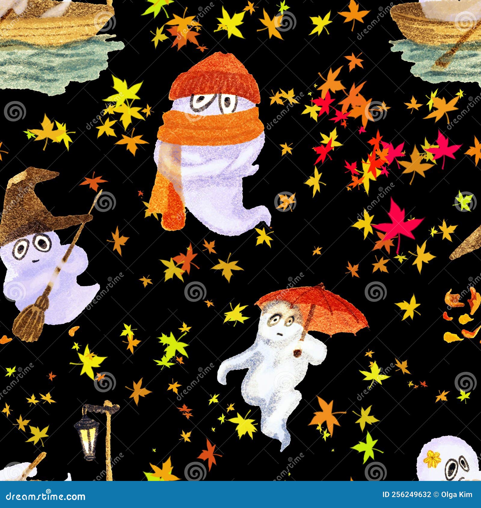 Seamless Pattern with Cute Ghosts and Fall Leaves on Black Background ...