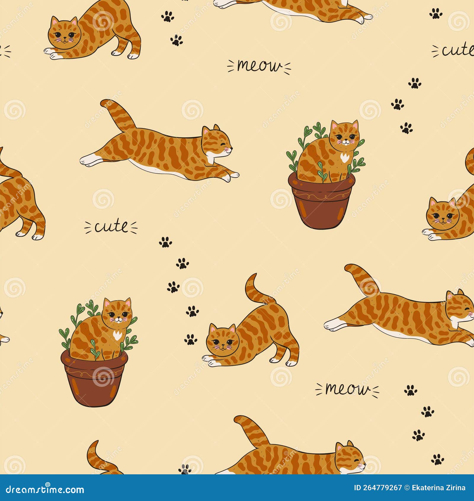 Seamless Pattern with Cute Ginger Cats Vector Graphics Stock Vector ...