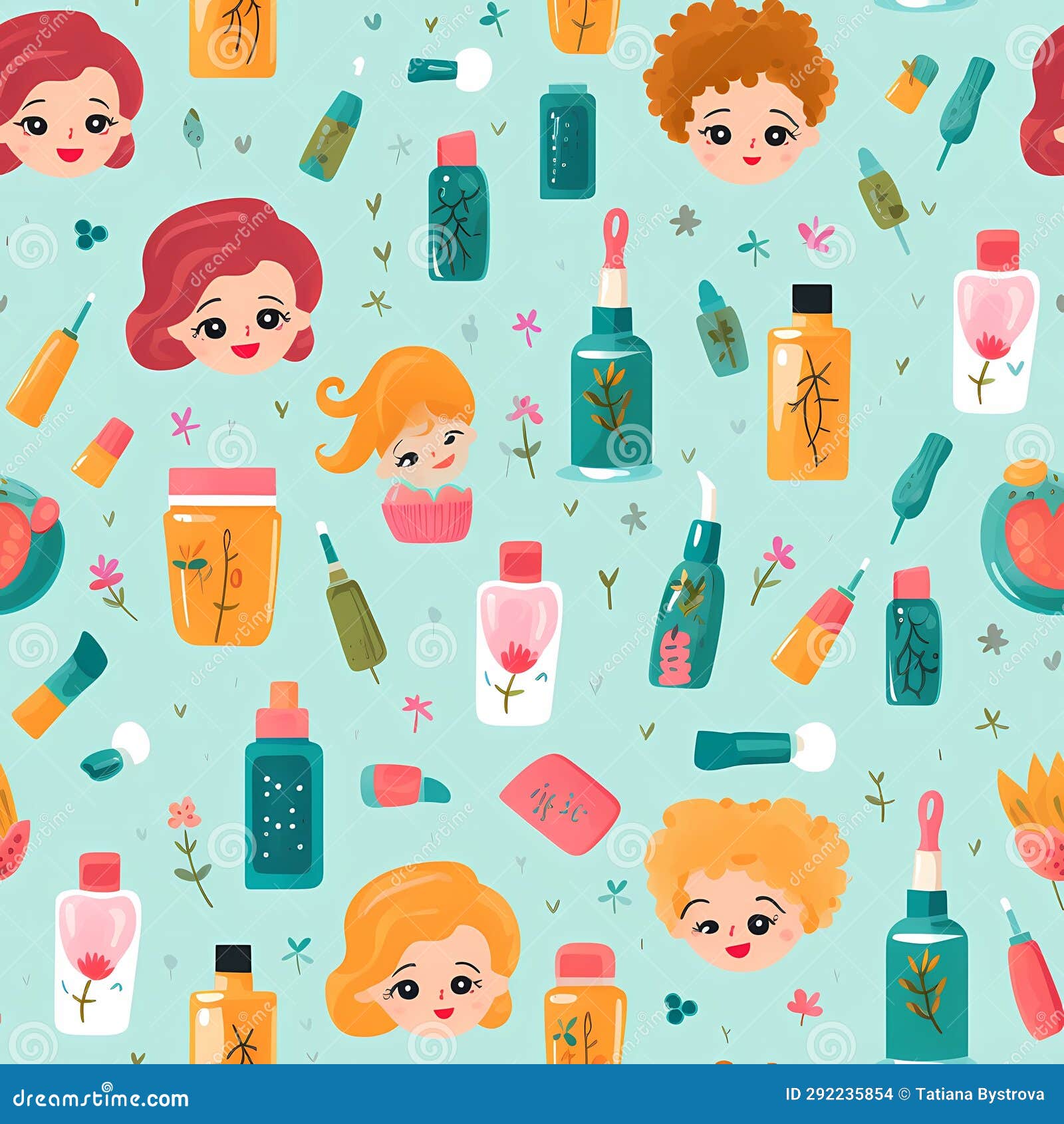 Seamless Pattern with Cute Girls and Cosmetics Stock Illustration ...