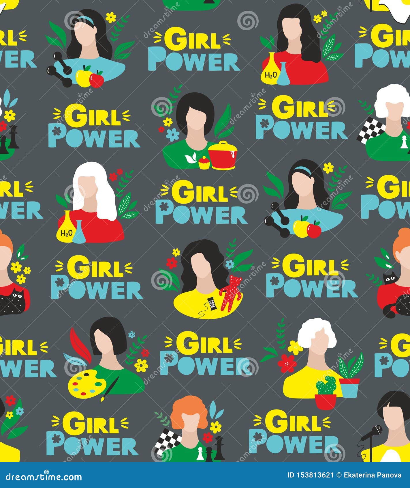 Seamless Pattern with Cute Girls and Their Hobby. Stock Vector ...