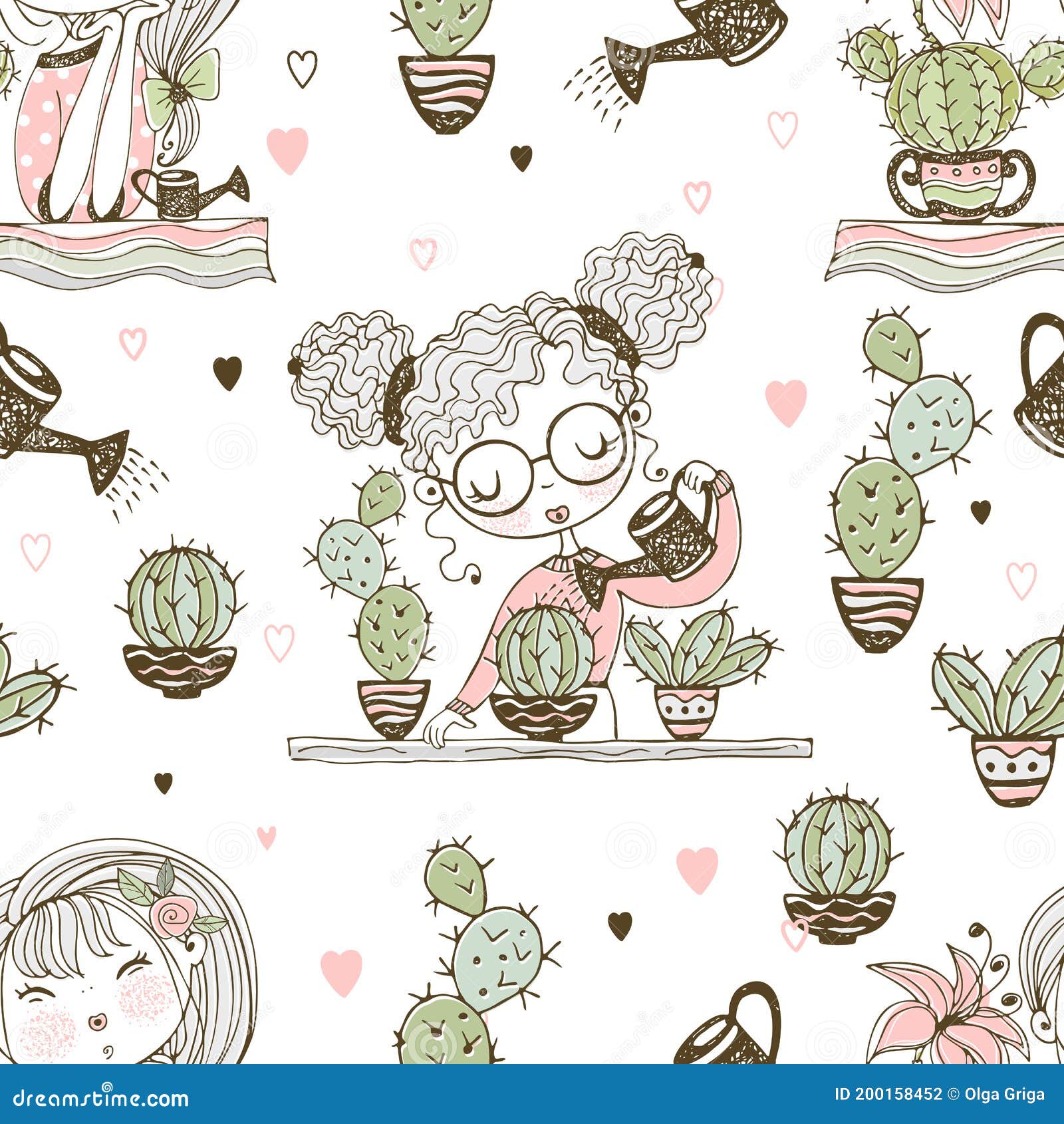 Seamless Pattern with Cute Girls Who Grow Cacti. Vector Stock ...