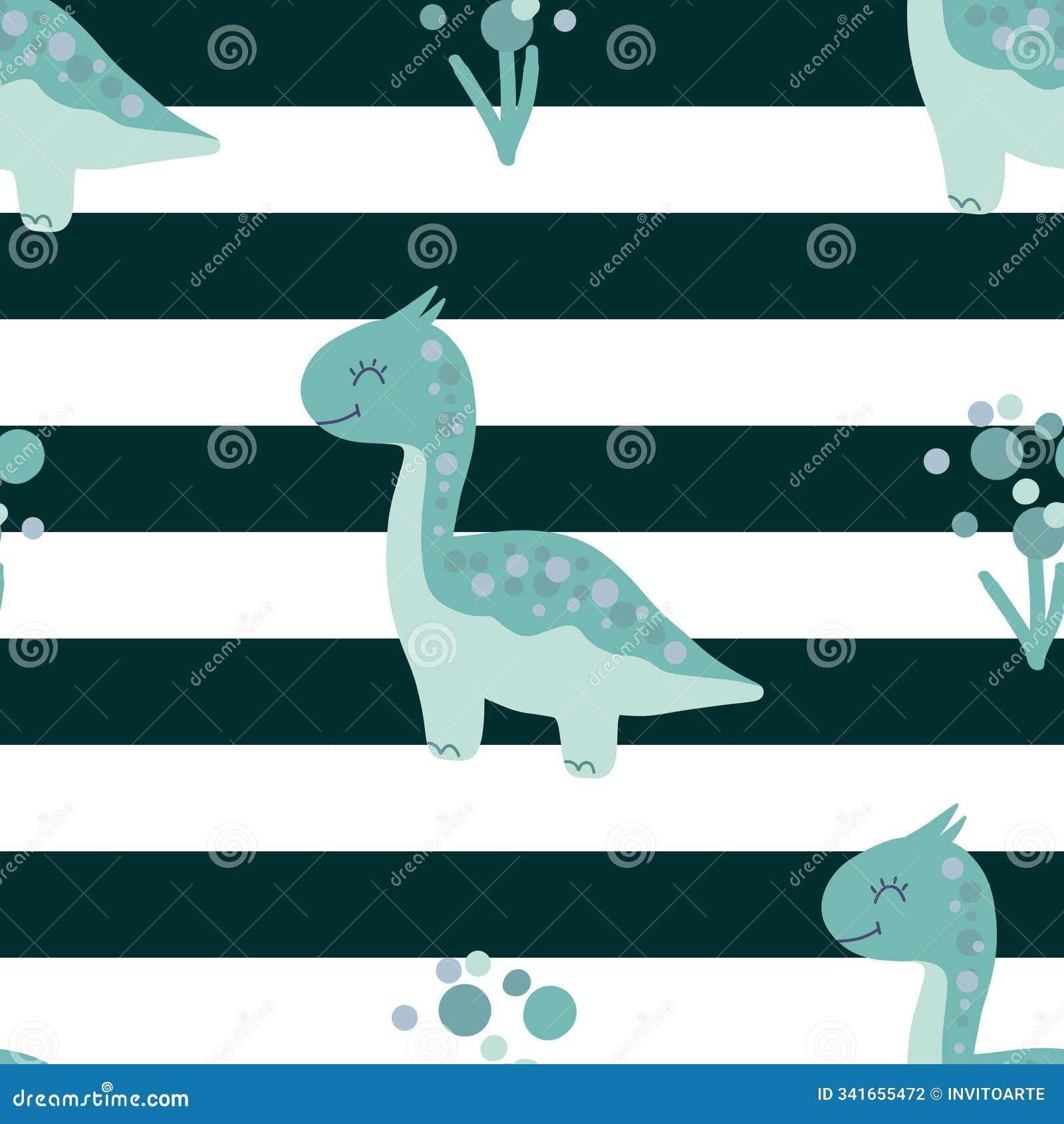 Seamless Pattern with Cute Green Dinosaurs on Black Stripes Stock ...