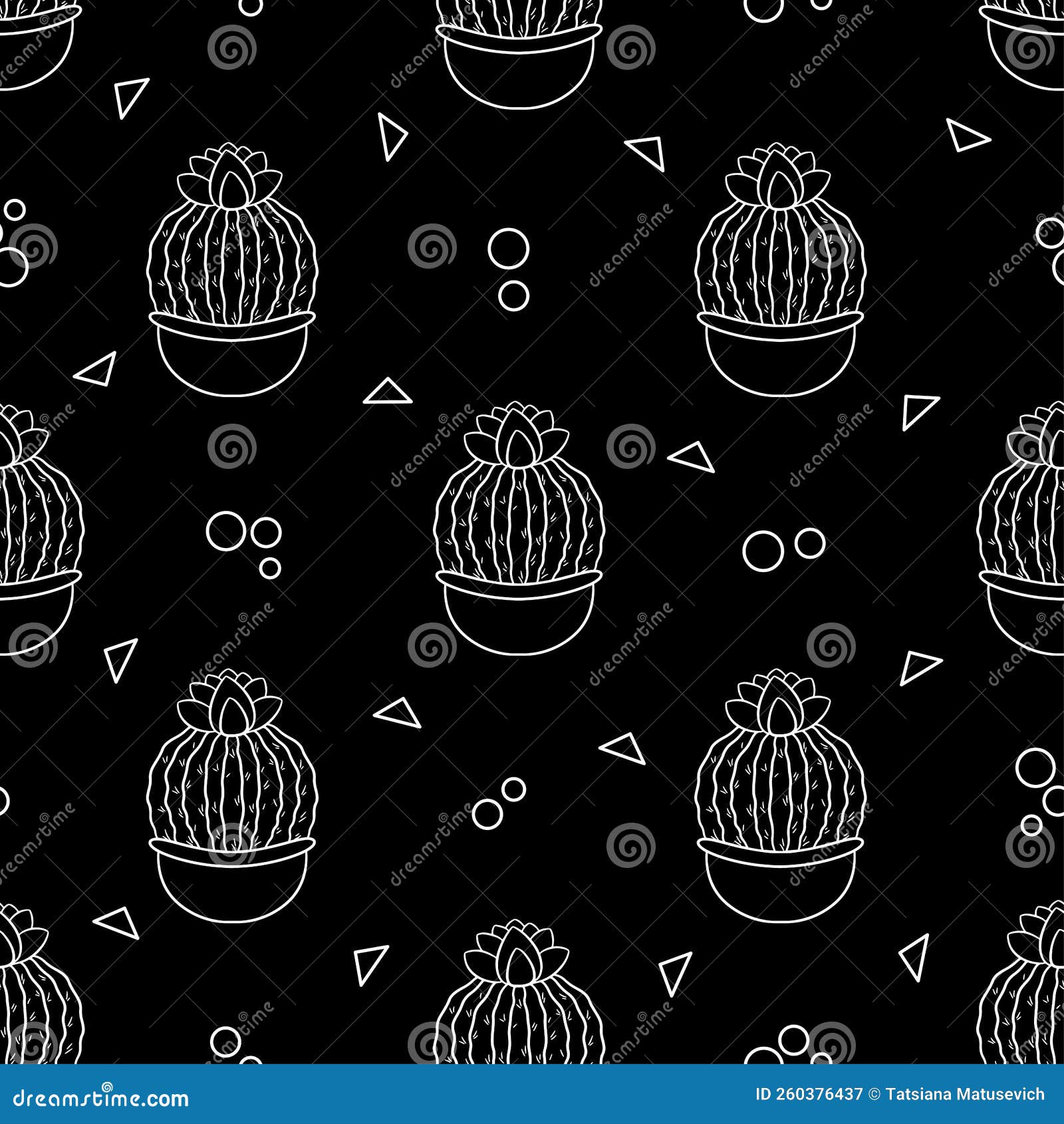 Seamless Pattern with Cute Hand-drawn Cacti Black Background Stock Vector - Illustration of ...