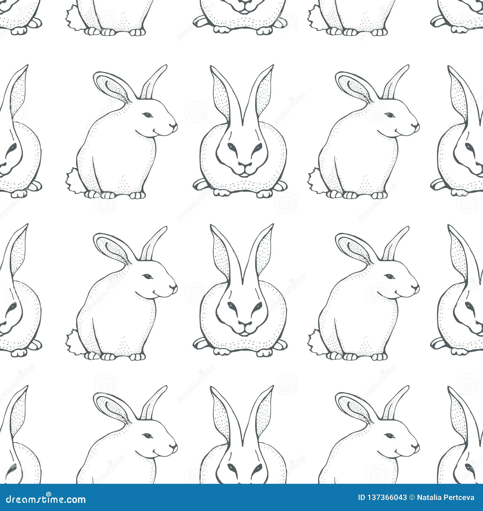 Seamless Pattern with Cute Hand Drawn Rabbits Isolated on White. Vector ...